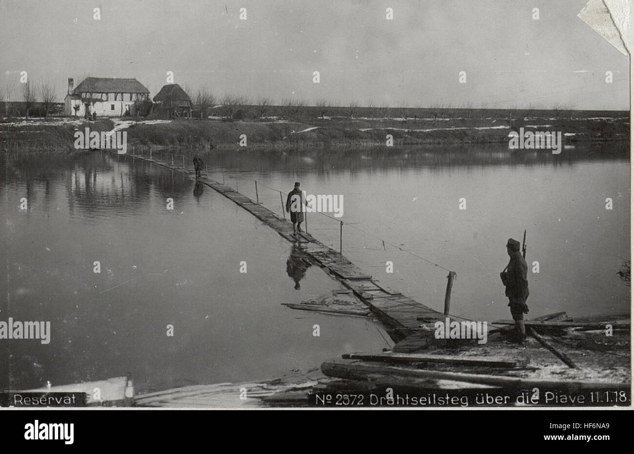 A wire bridge over the Piave River, photographed on January 11, 1918 ...