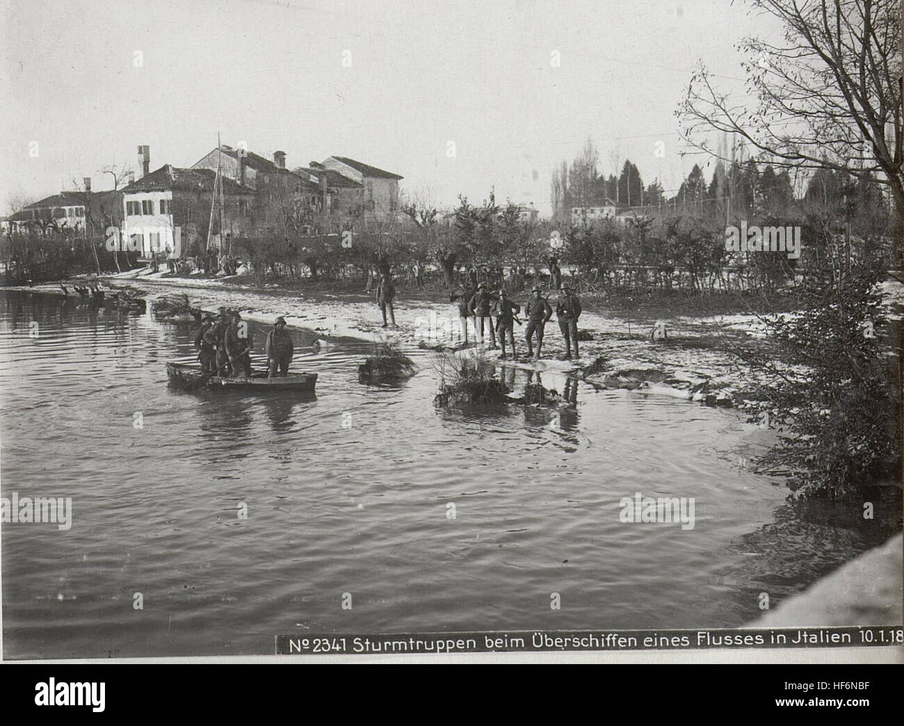 Sturmtruppen crossing a river in Italy on January 10, 1918, during the ...