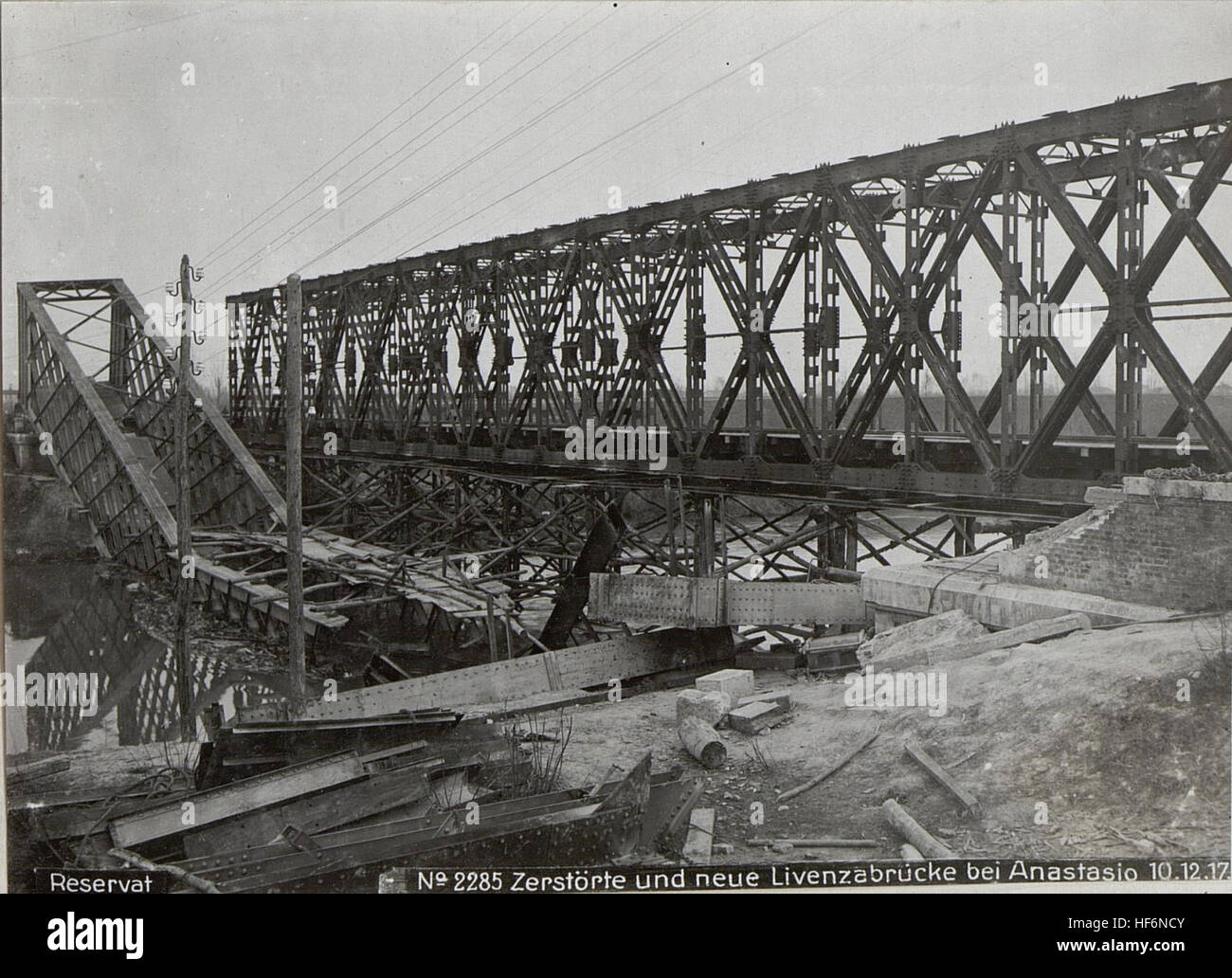 Destroyed and newly reconstructed Livenzabrücke (bridge) at Anastasio ...