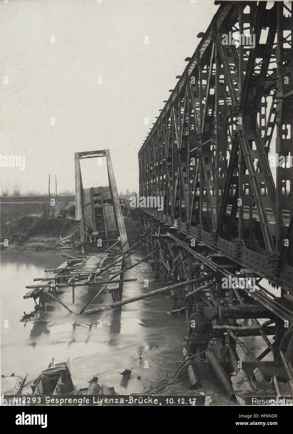 A photograph showing the demolished Livenza Bridge on December 10, 1917 ...