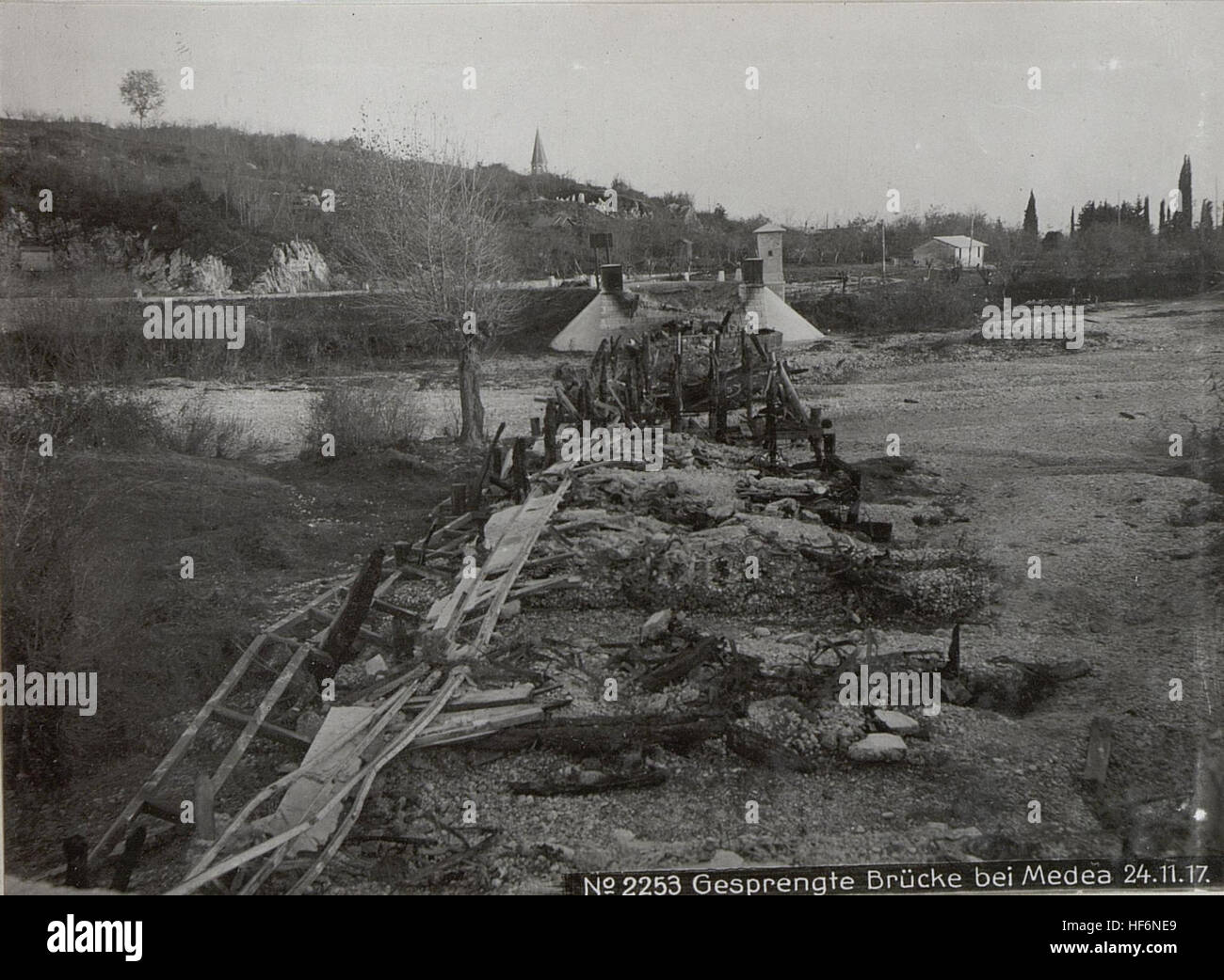 A photograph showing the blown-up bridge at Medea, Italy, on November ...