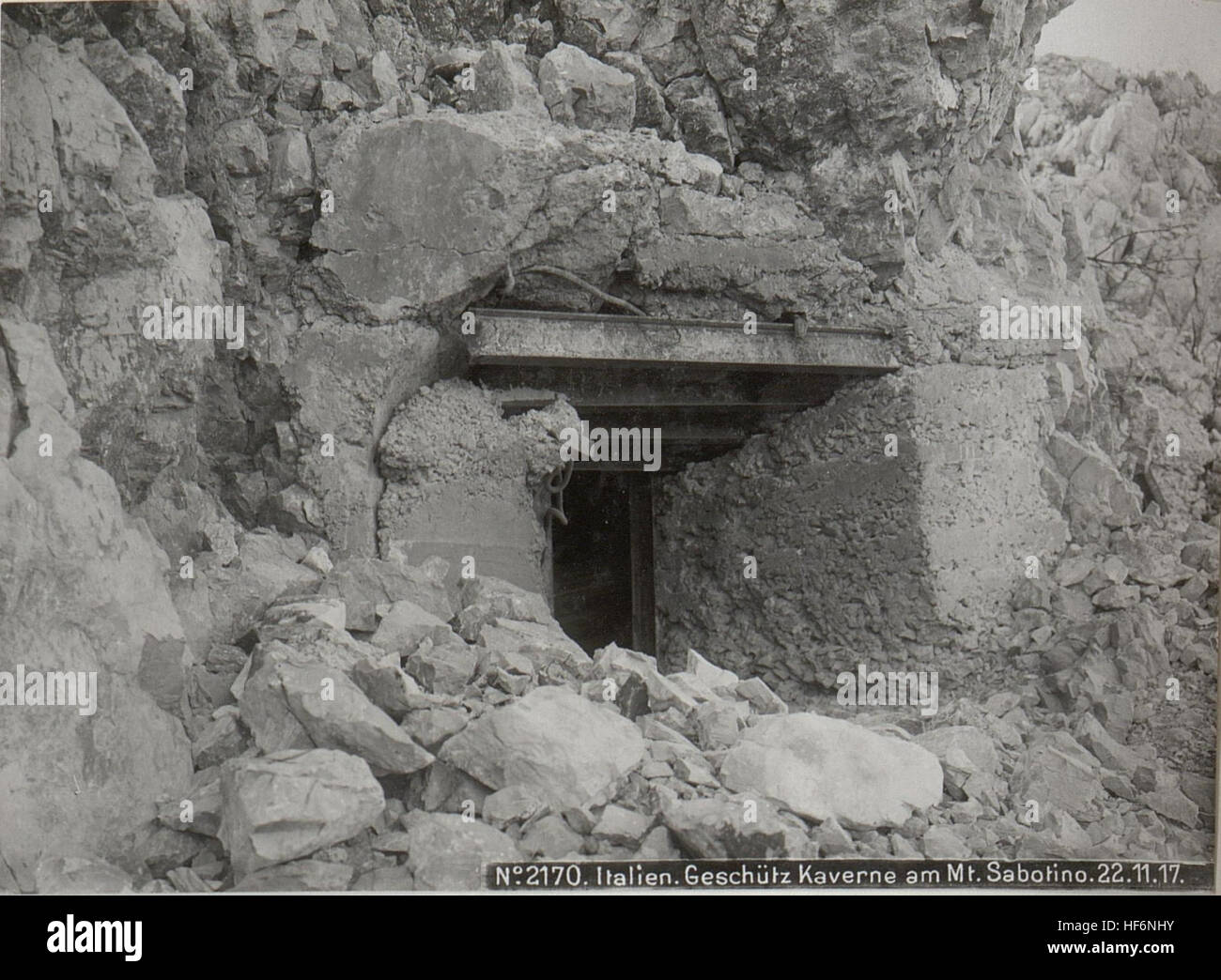Artillery cave at Mount Sabotino in Italy, photographed during the ...