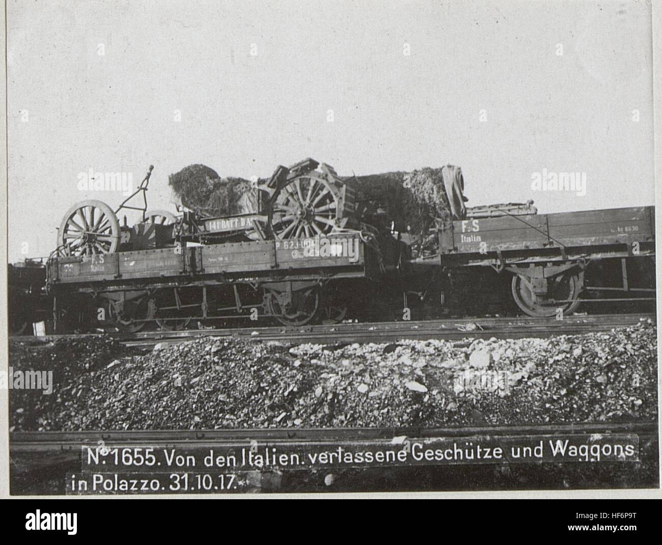 A photograph showing abandoned Italian artillery and wagons in Polazzo ...