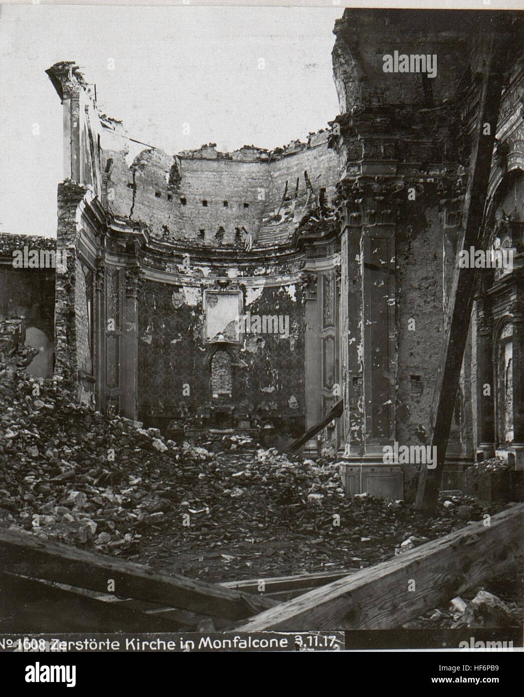 A photograph of the destroyed church in Monfalcone, Italy, taken on ...