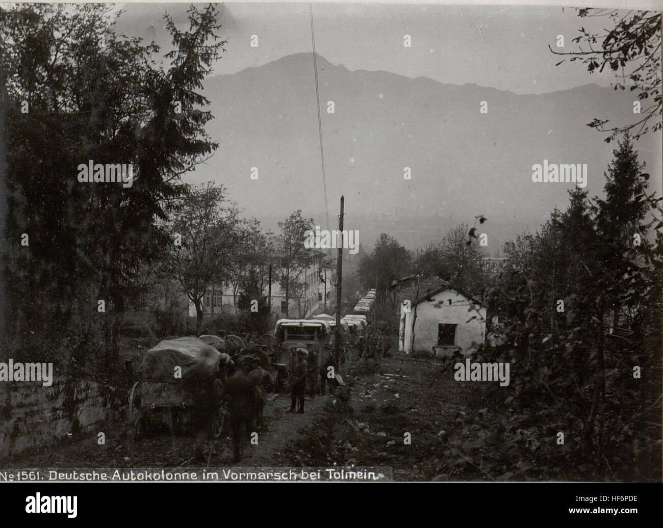 German motor convoy advancing at Tolmein, WWI, showcasing the use of ...