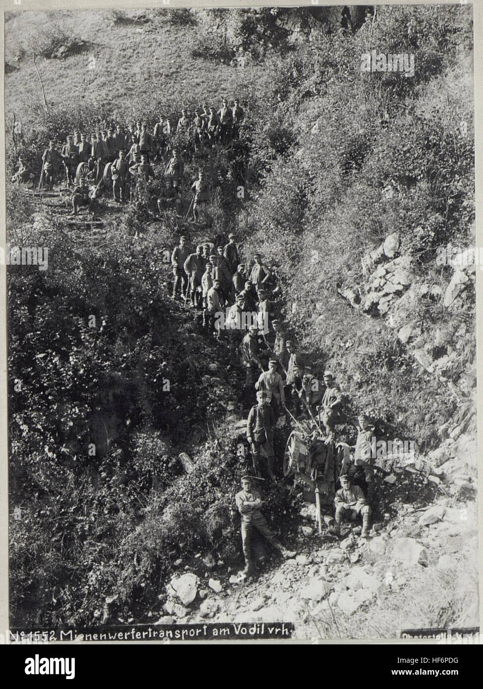 A photo of a trench mortar transport at Vodil Vrh, during World War I ...