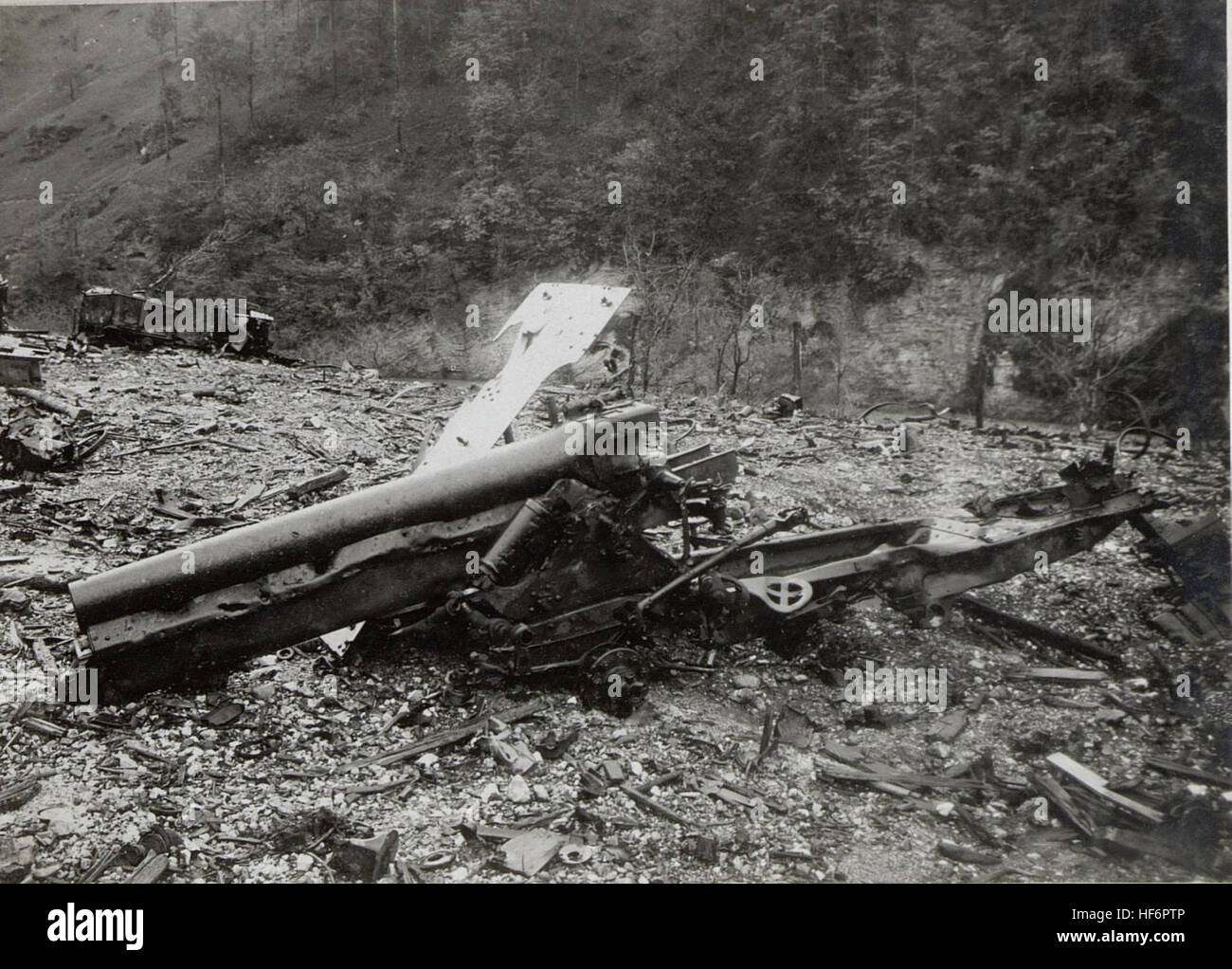 An artillery gun destroyed by a munitions explosion on the Isonzo Front ...