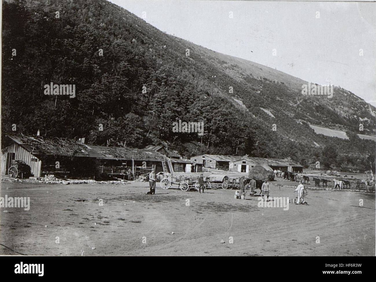 A wartime photograph showing a train camp on the Isonzo Front, taken on ...