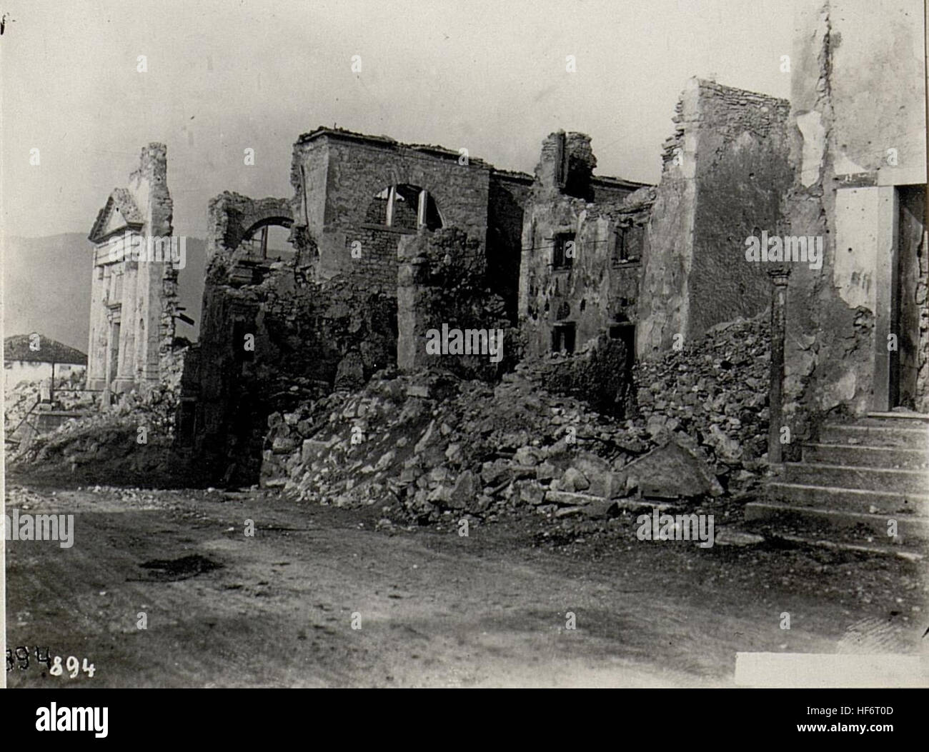 A photograph of the destroyed church in Camporovere, Italy, captured ...