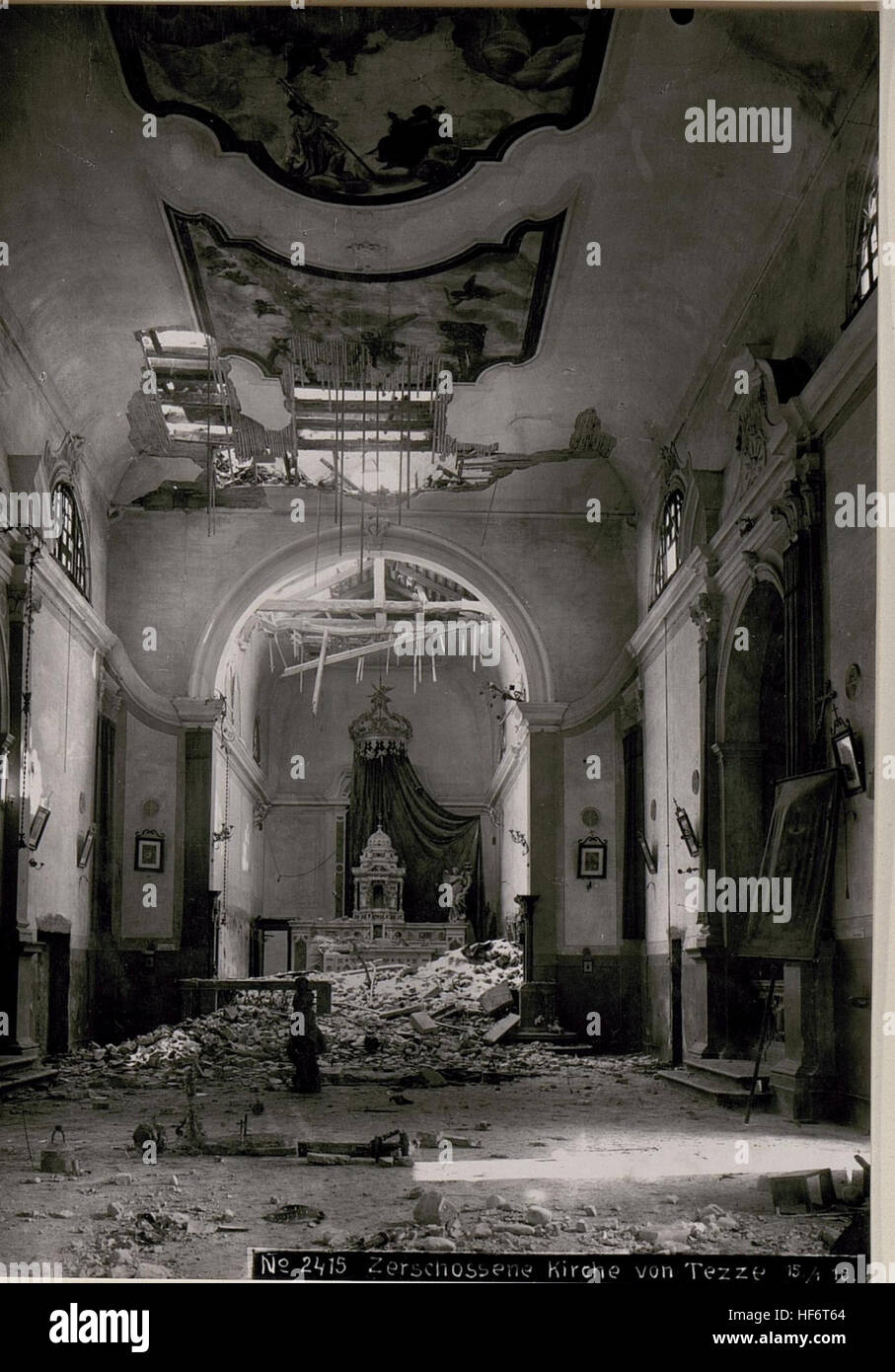 The destroyed church of Tezze, Italy, after the damage caused by World ...