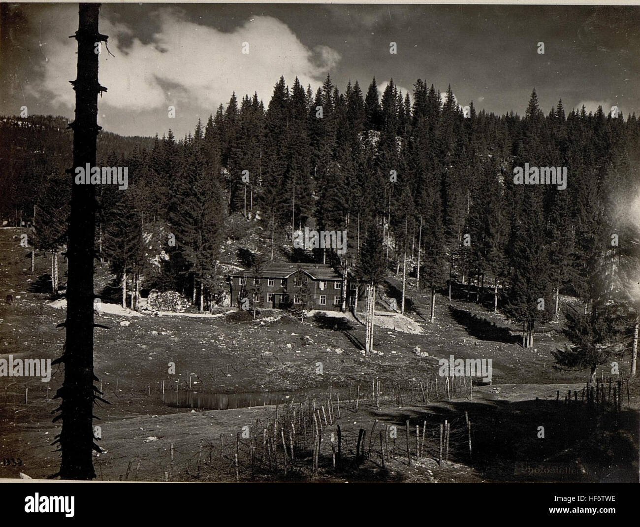 A photograph of a military barricade and surveying station during World ...
