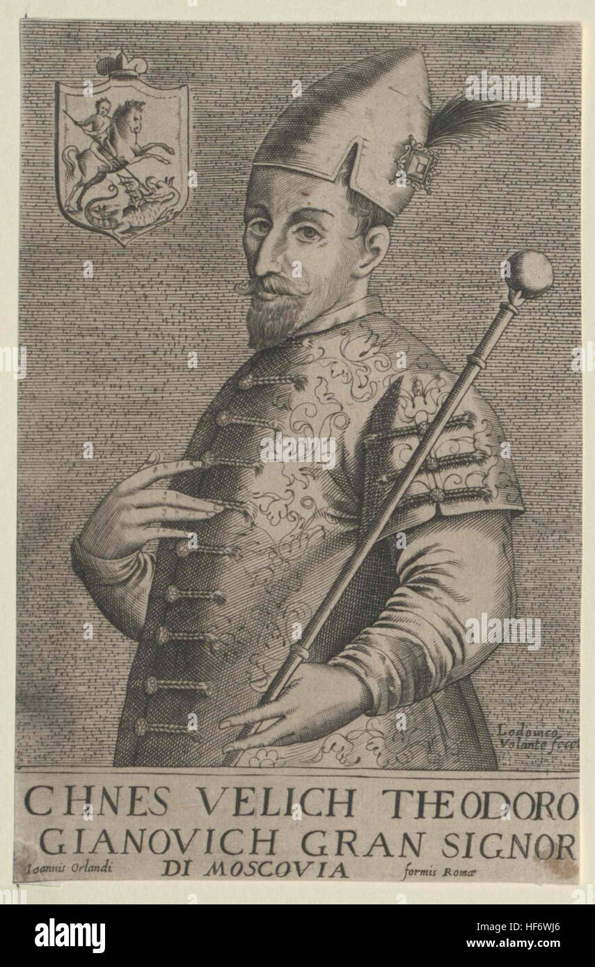 An engraving of Feodor I, the Tsar of Russia, portrayed in a classic ...