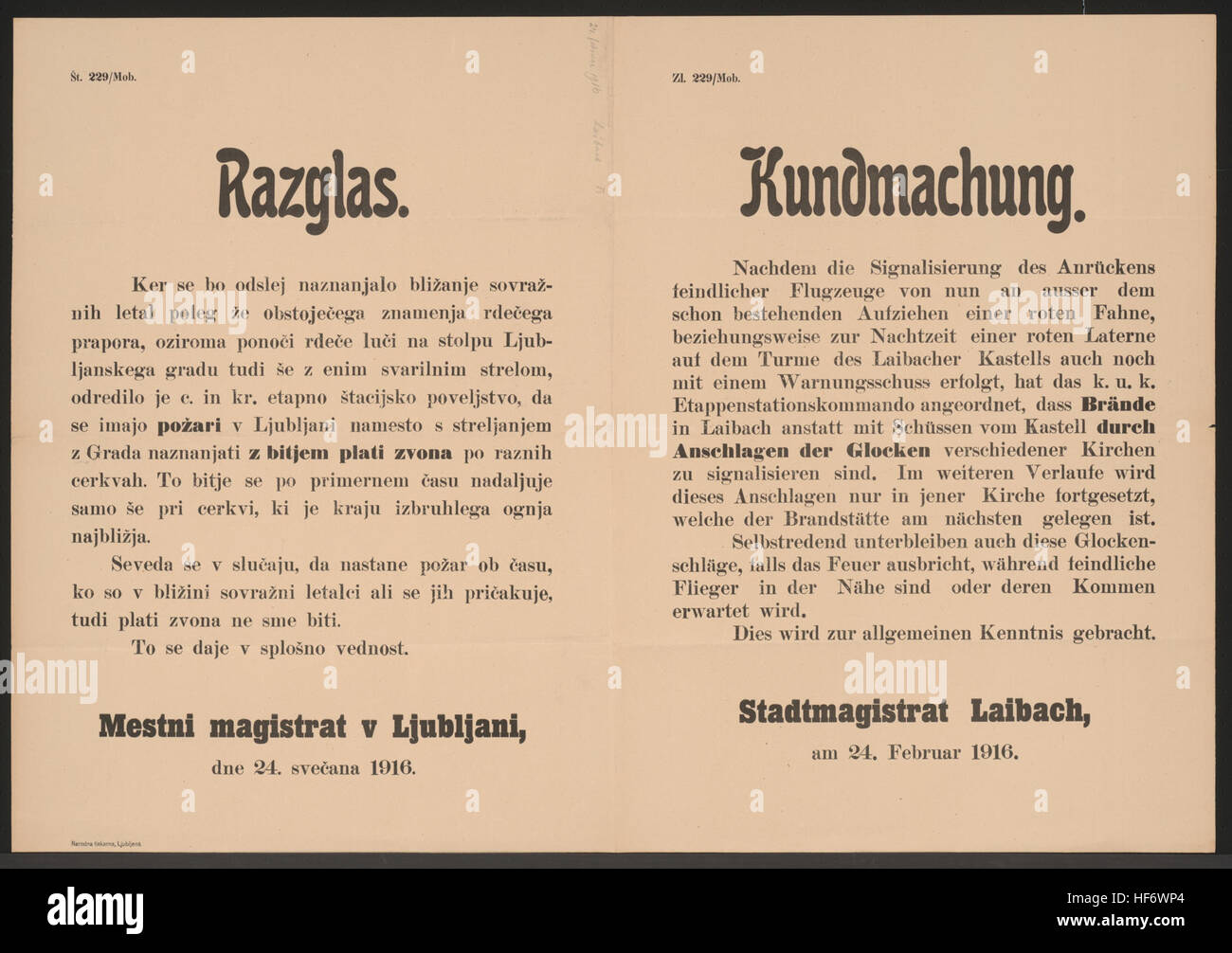 A multilingual poster from February 24, 1916, in Laibach, displaying ...