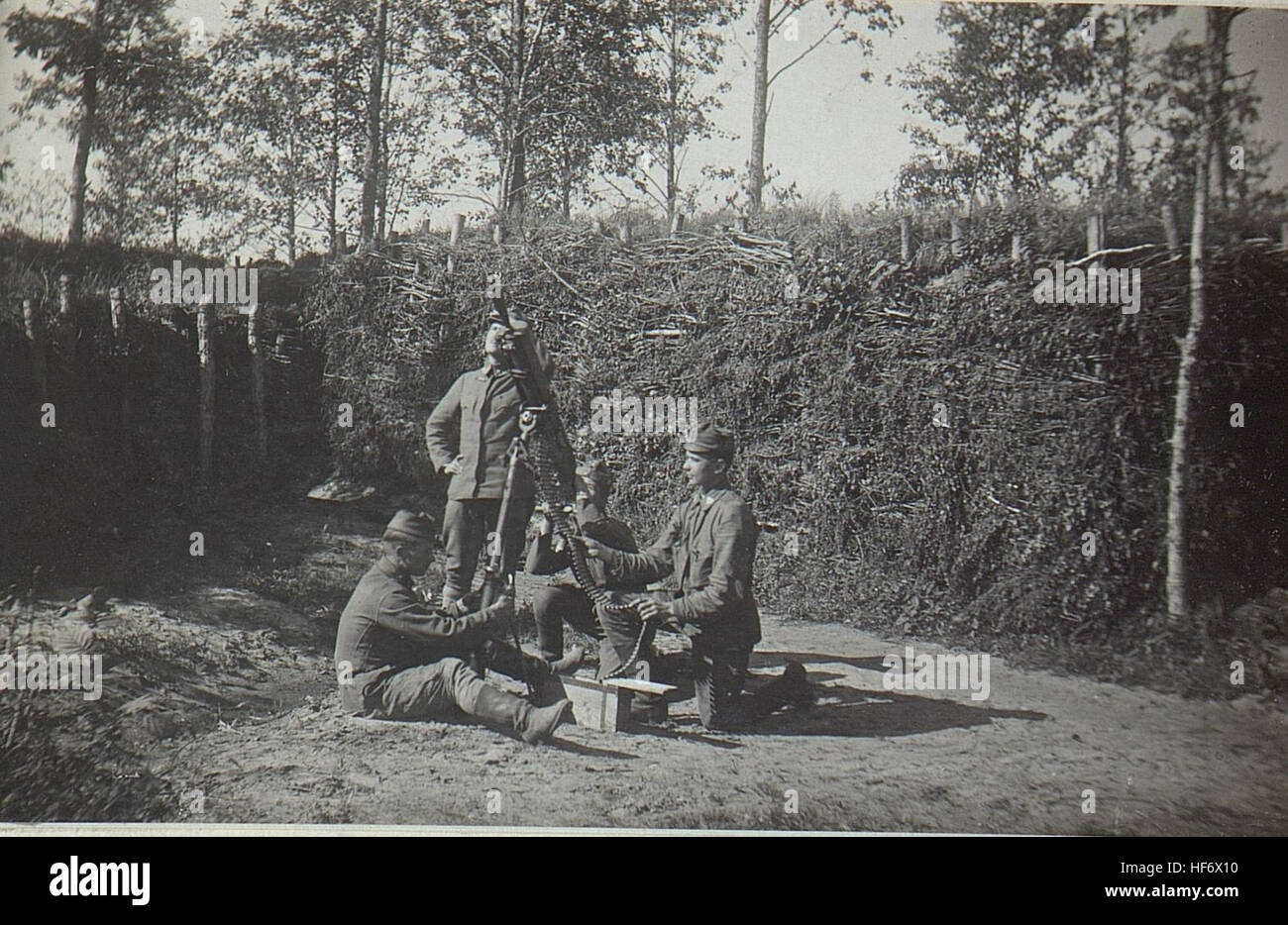 A machine gun position firing at an enemy aircraft in Zarzecz, Poland ...