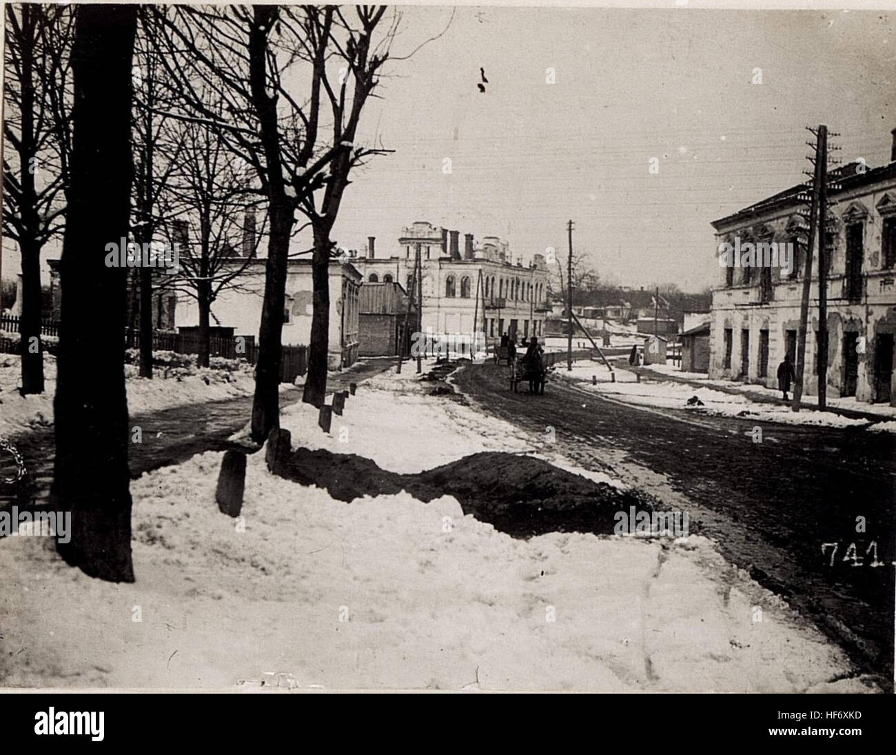 Winter street scene with soldiers during World War I in Europe, German ...