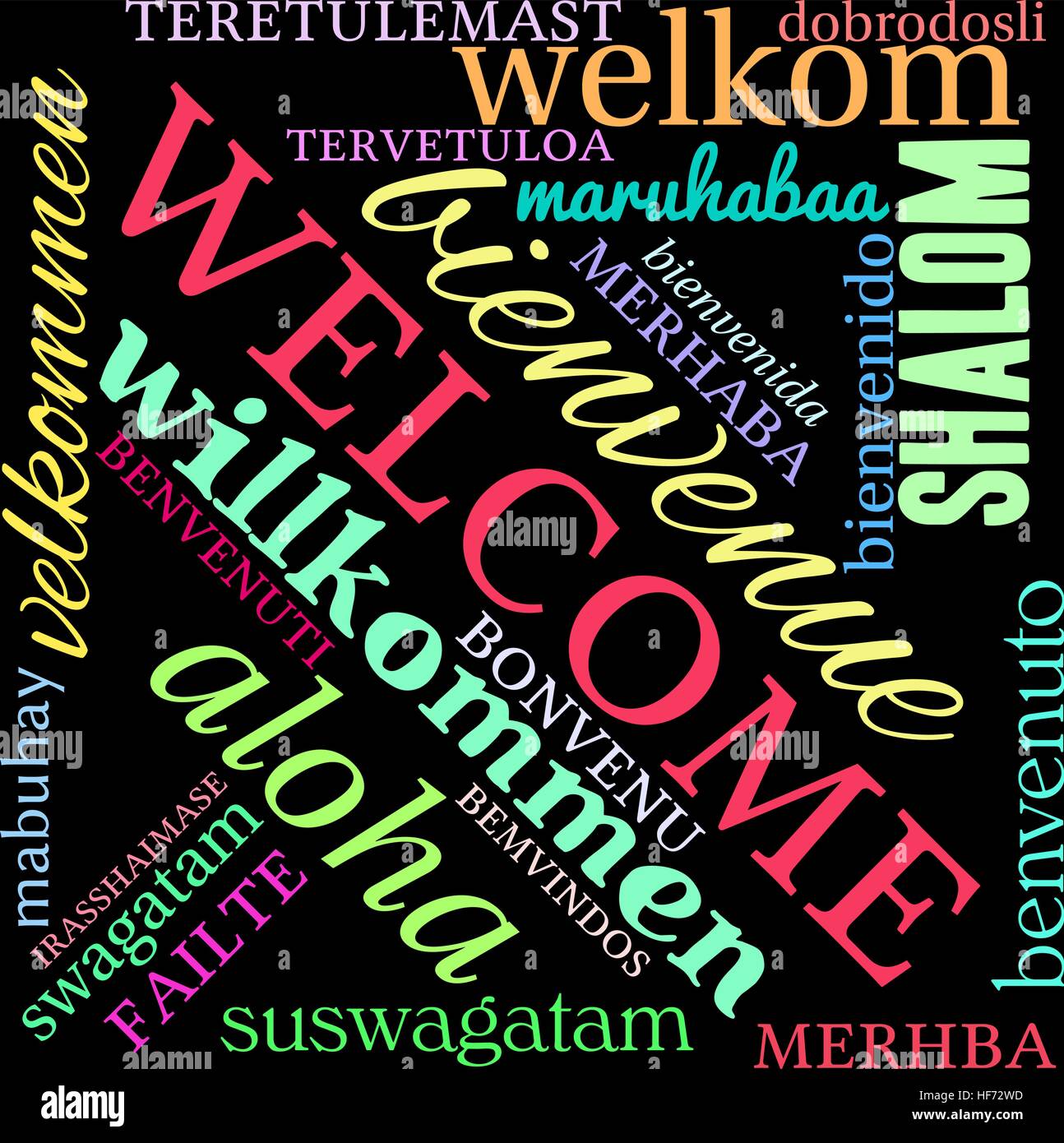 International Welcome Word Cloud on a black background Stock Vector ...