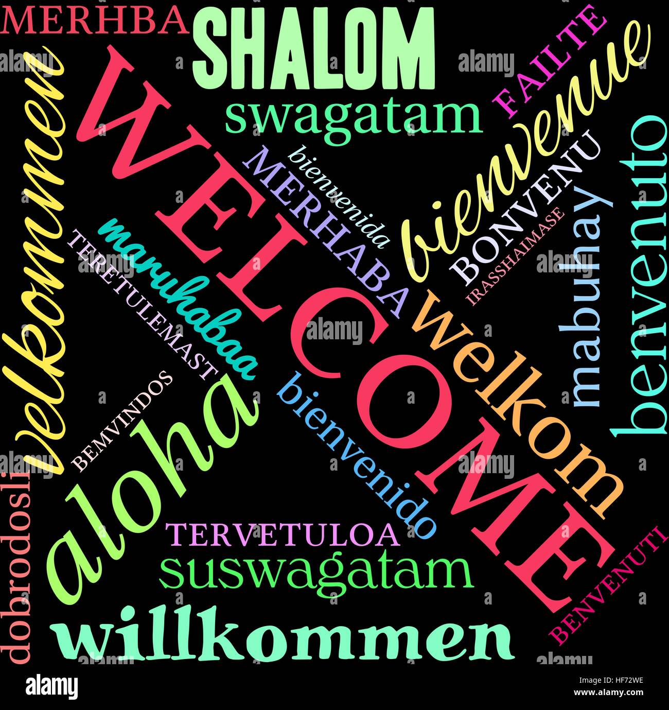 International Welcome Word Cloud on a black background Stock Vector ...