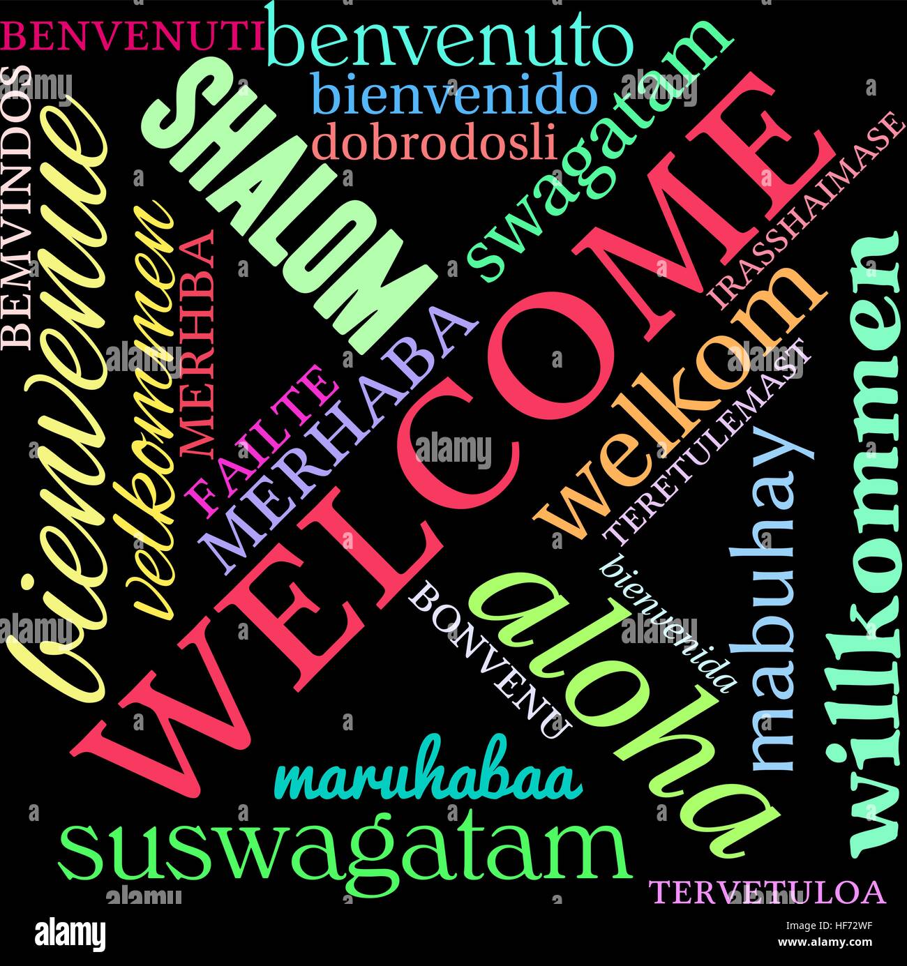 International Welcome Word Cloud on a black background Stock Vector ...