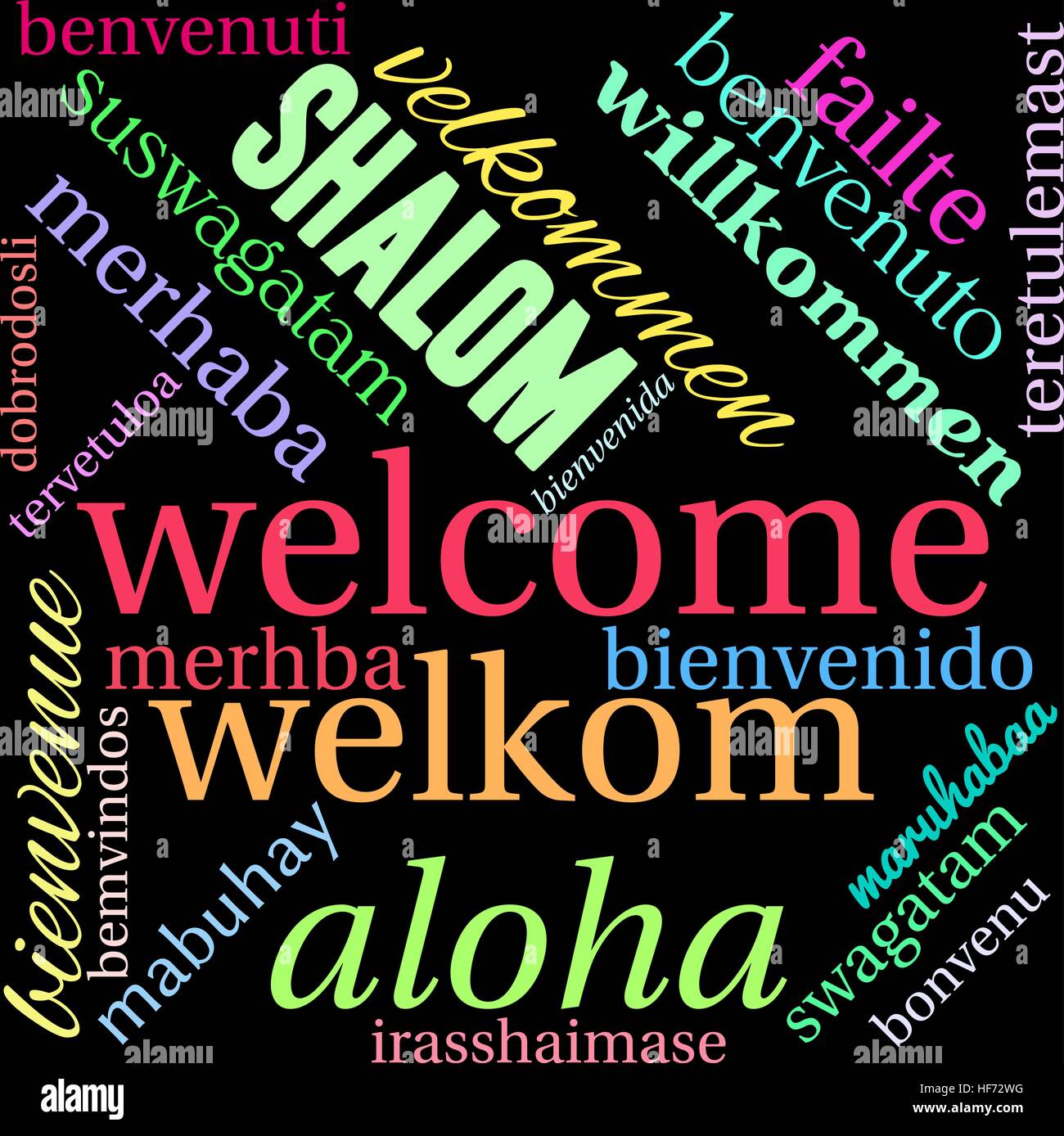 International Welcome Word Cloud on a black background Stock Vector ...
