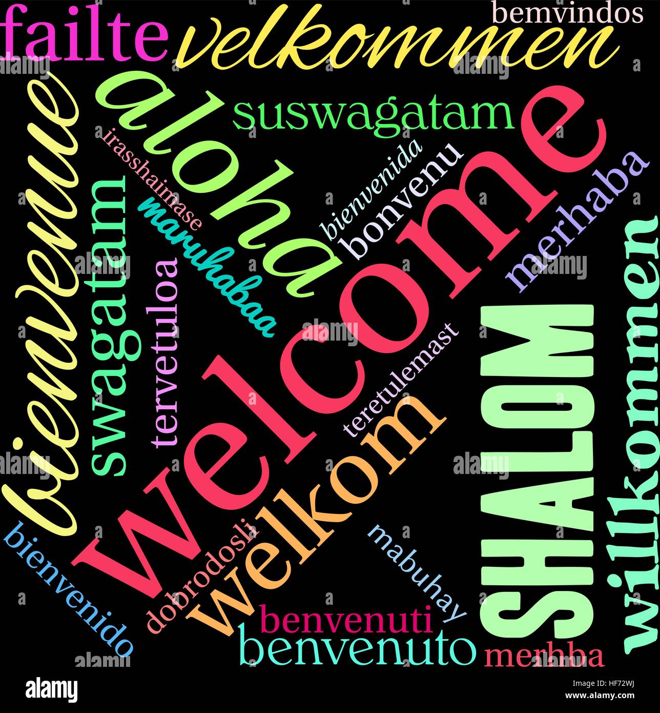 International Welcome Word Cloud on a black background Stock Vector ...