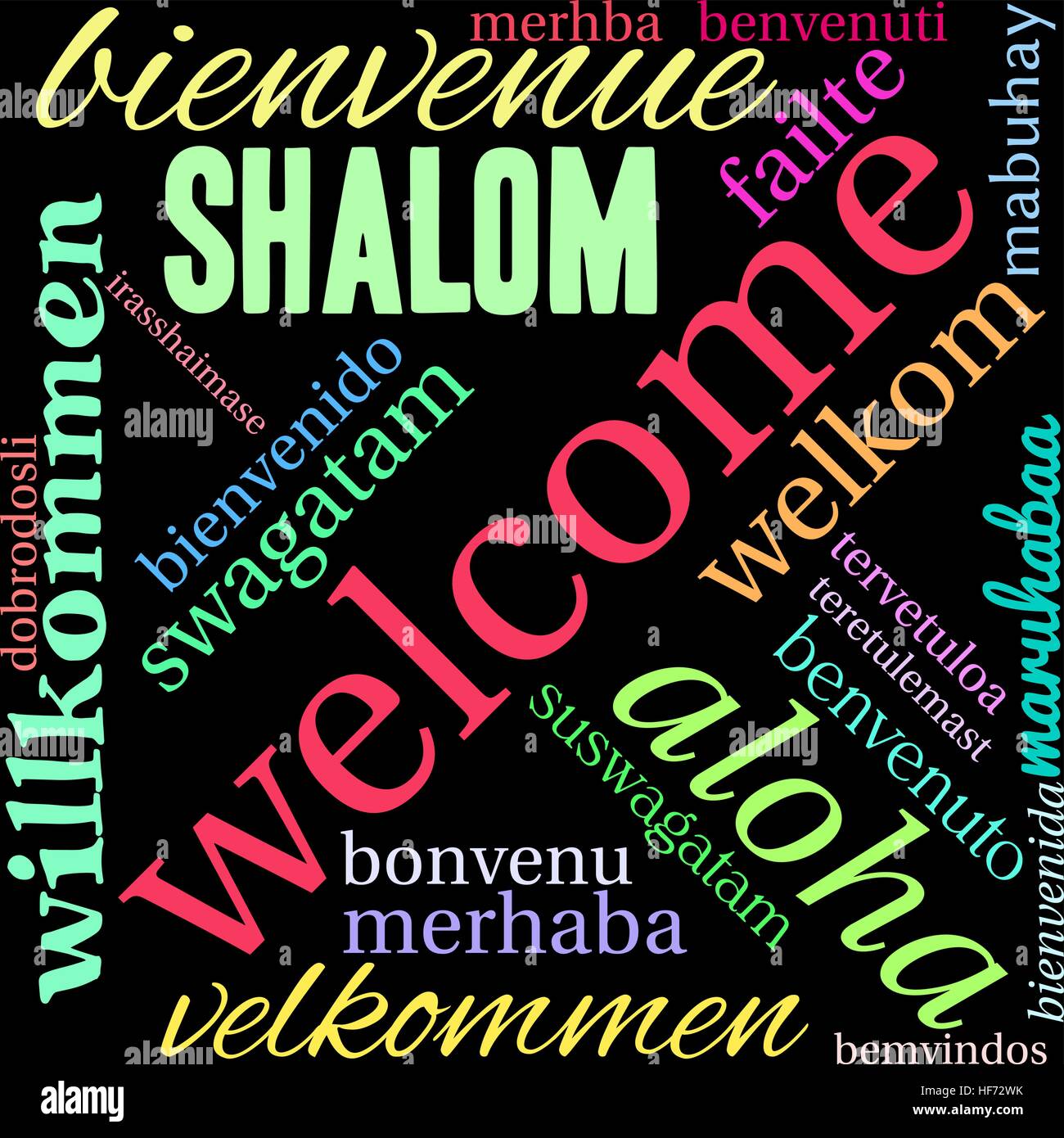 International Welcome Word Cloud on a black background Stock Vector ...