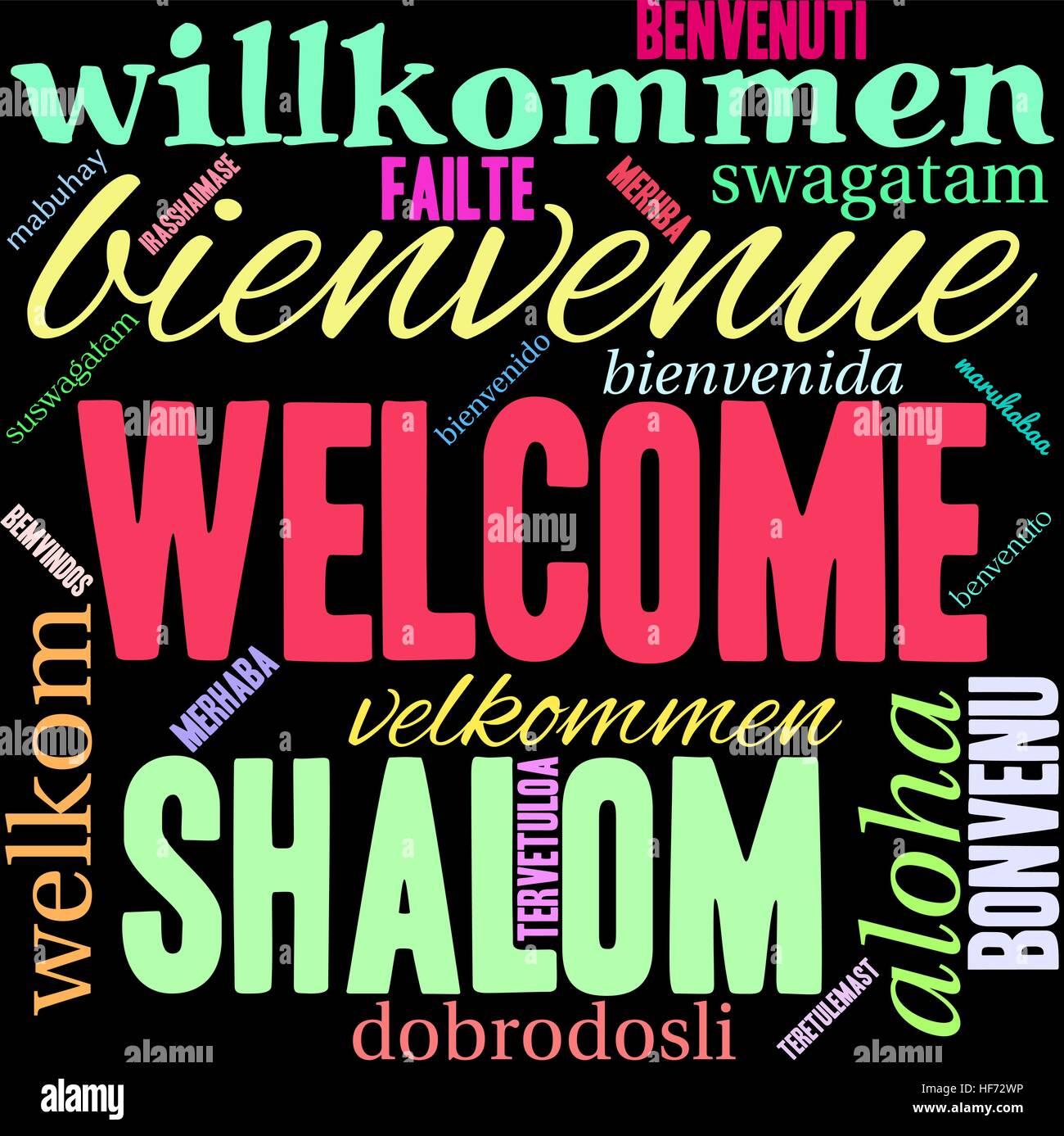 International Welcome Word Cloud on a black background Stock Vector ...