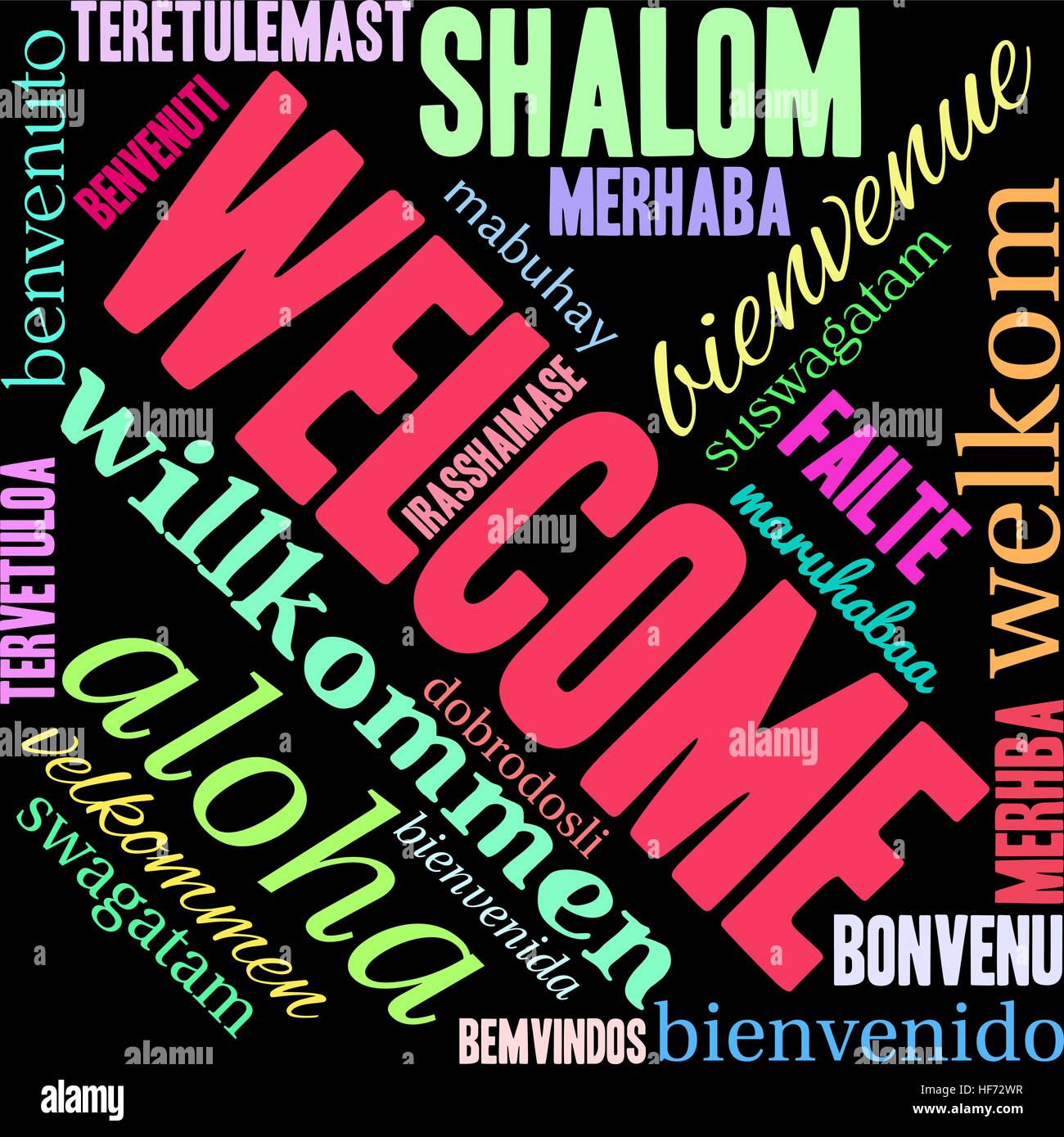 International Welcome Word Cloud on a black background Stock Vector ...