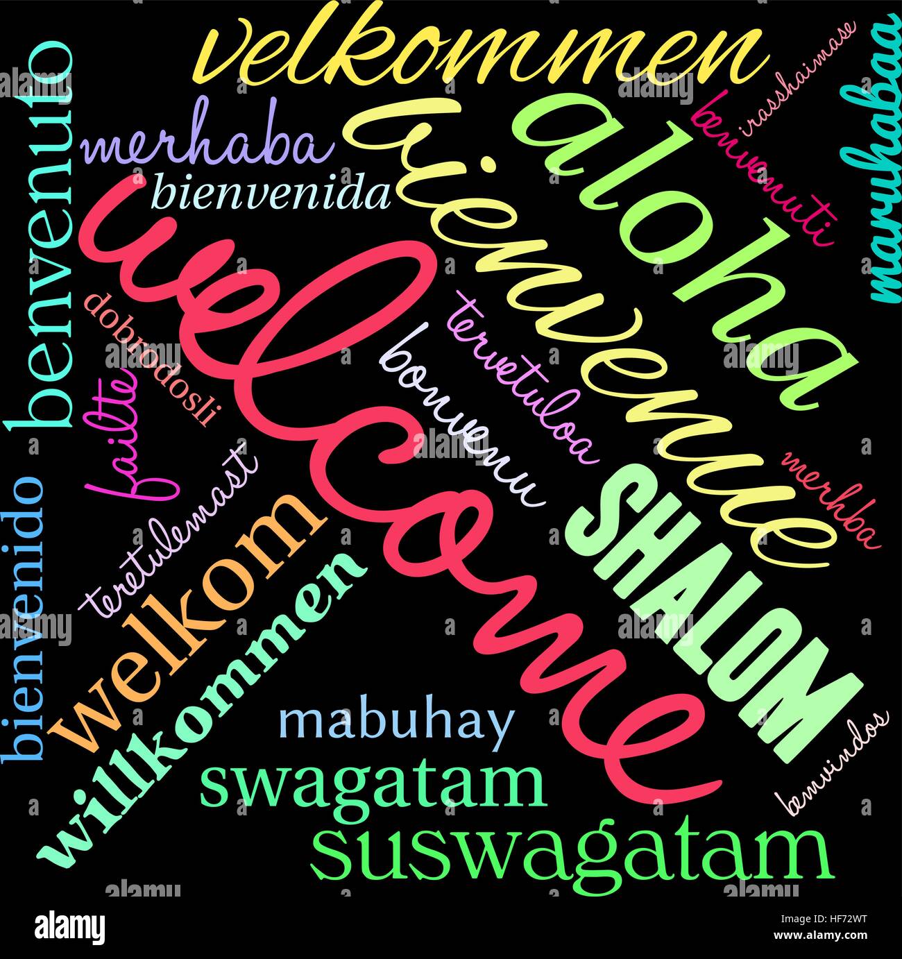 International Welcome Word Cloud on a black background Stock Vector ...