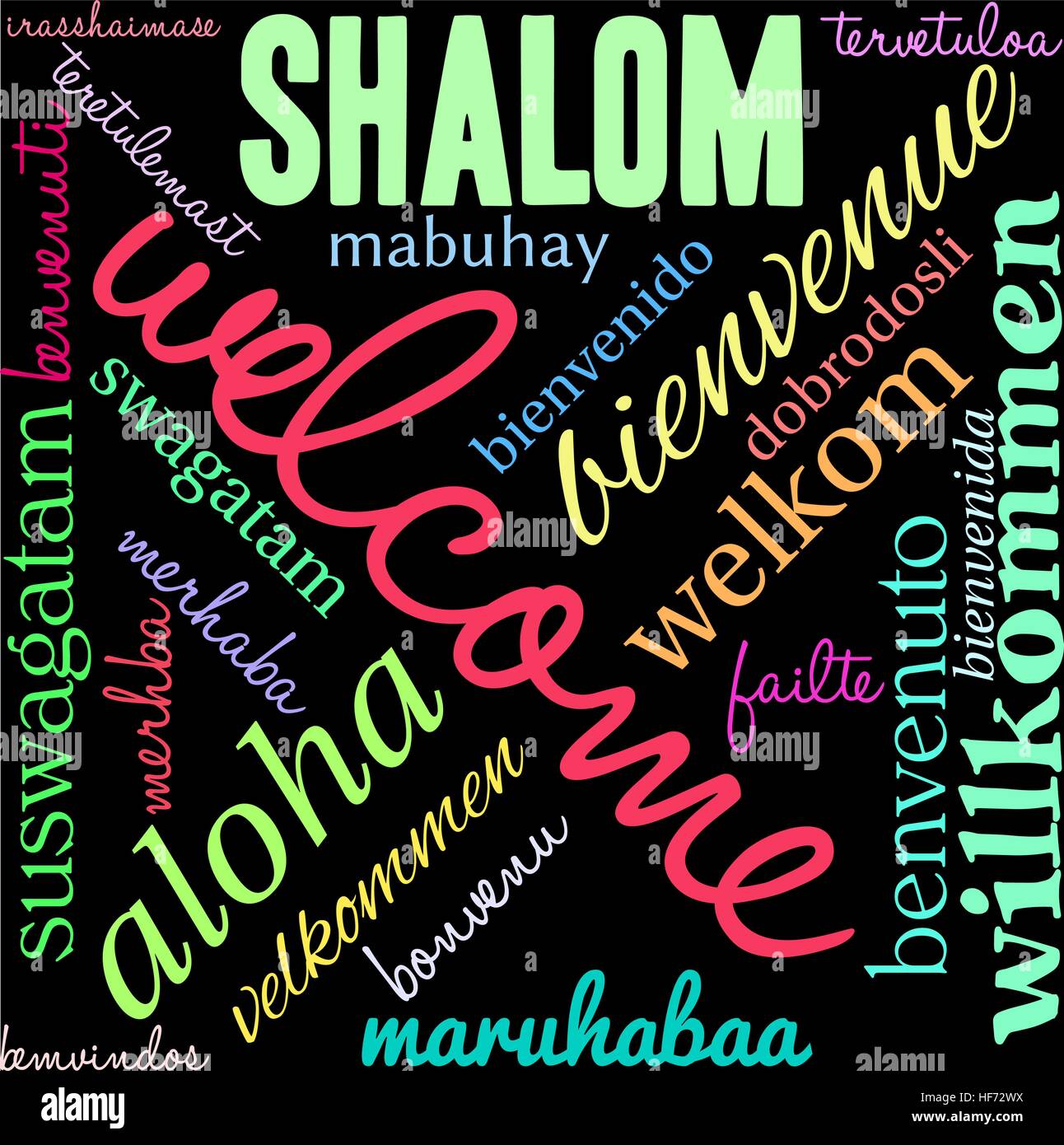 International Welcome Word Cloud on a black background Stock Vector ...