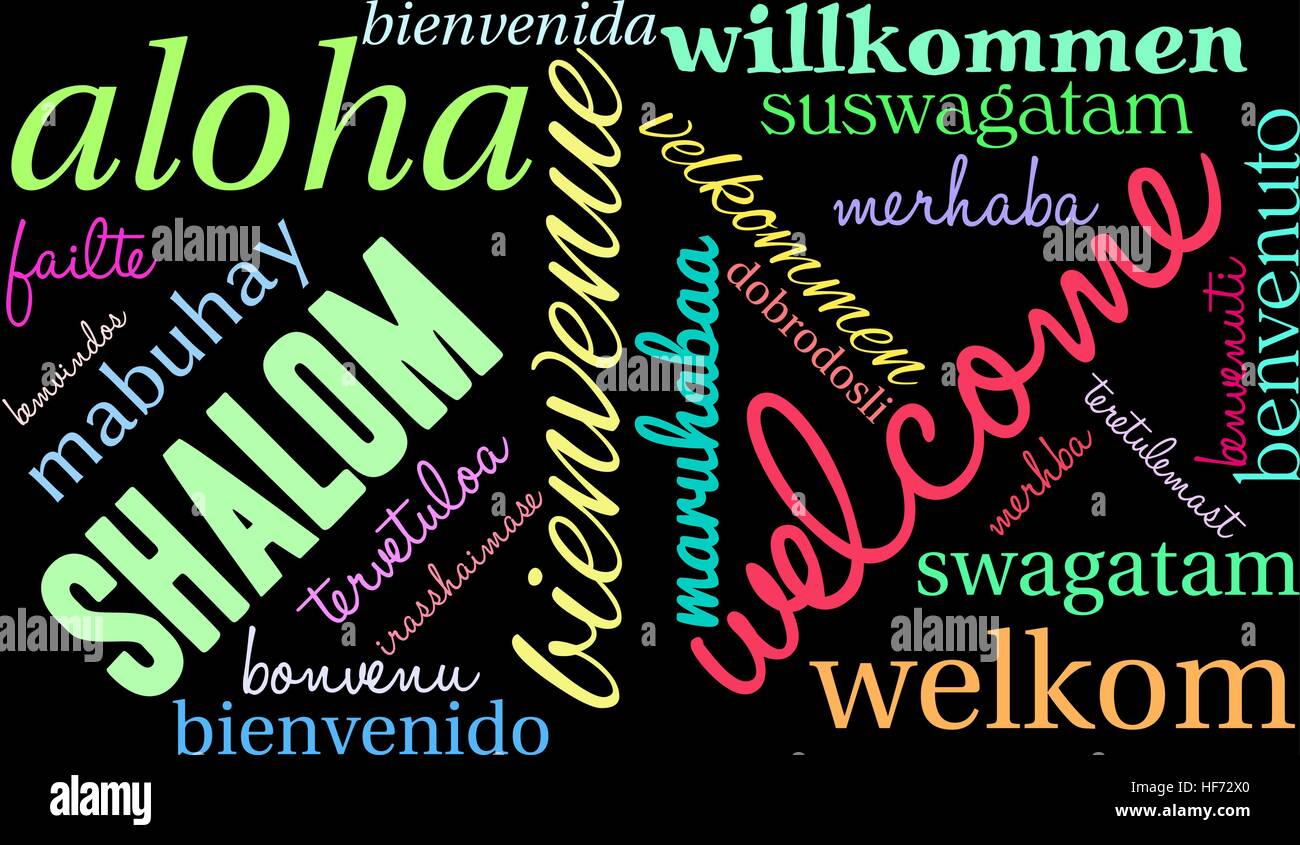 International Welcome Word Cloud on a black background Stock Vector ...