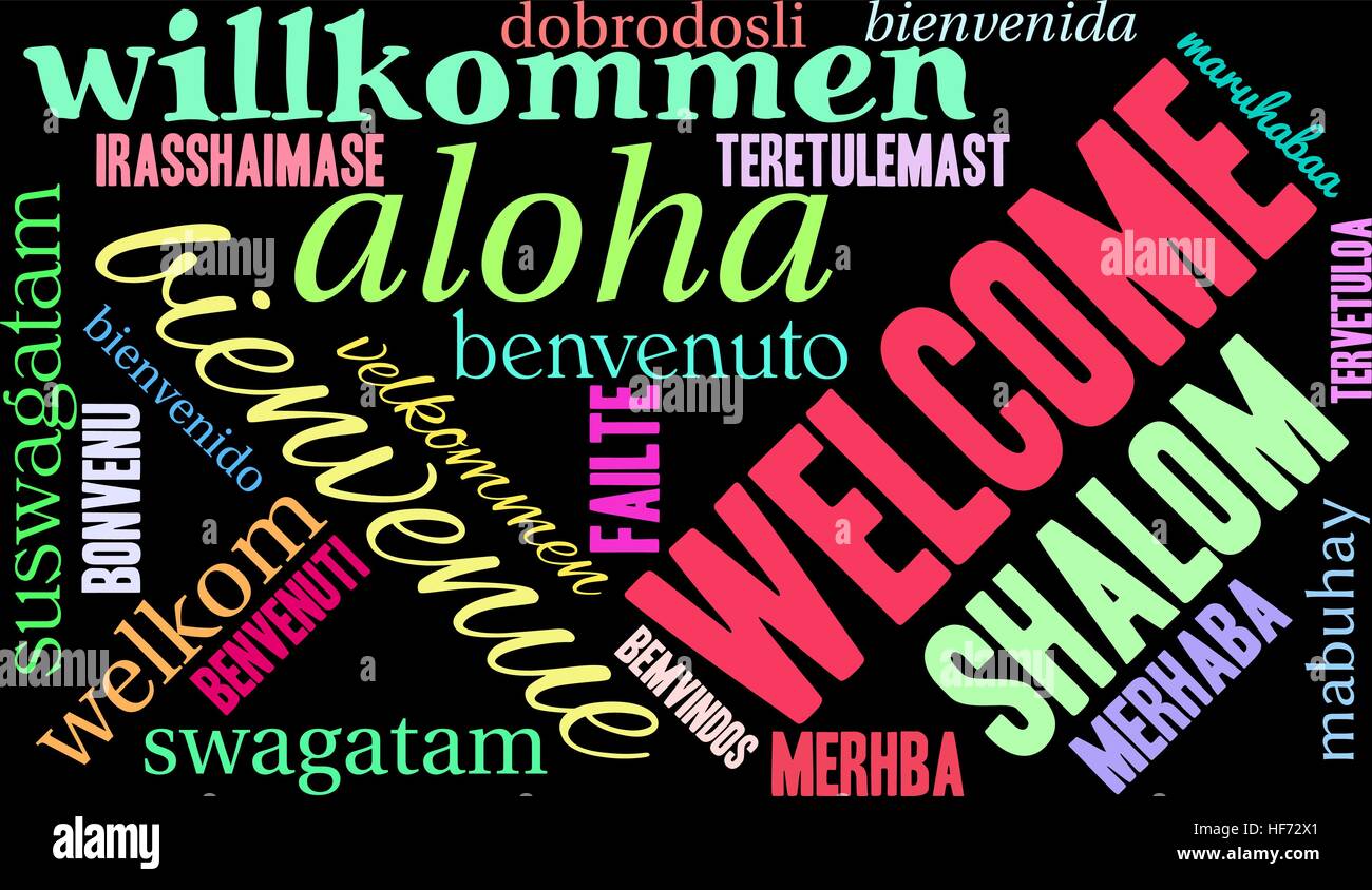 International Welcome Word Cloud on a black background Stock Vector ...
