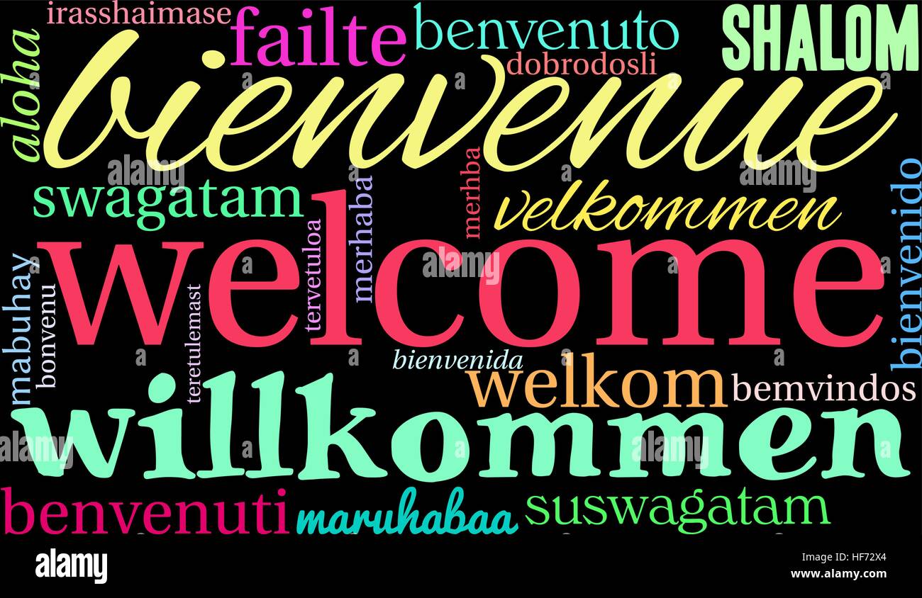International Welcome Word Cloud on a black background Stock Vector ...
