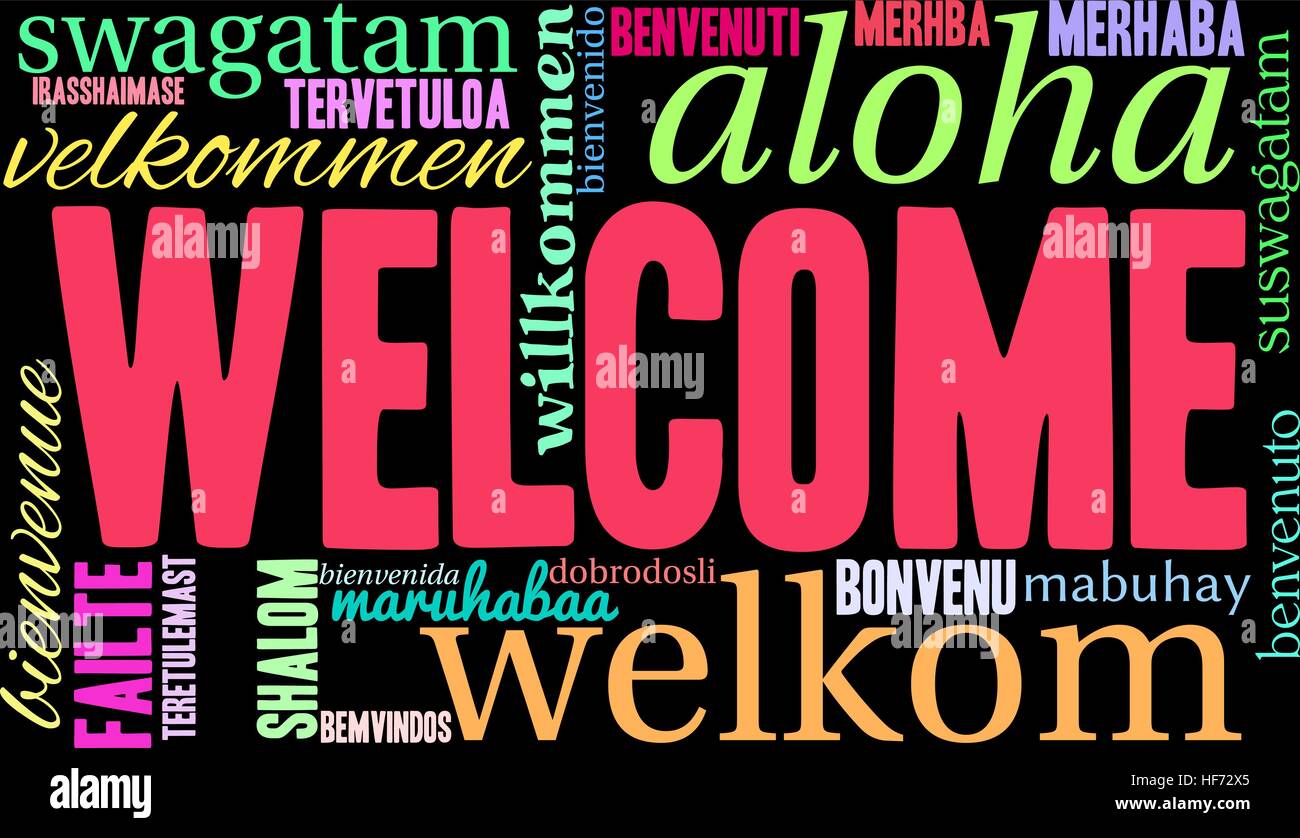 International Welcome Word Cloud on a black background Stock Vector ...