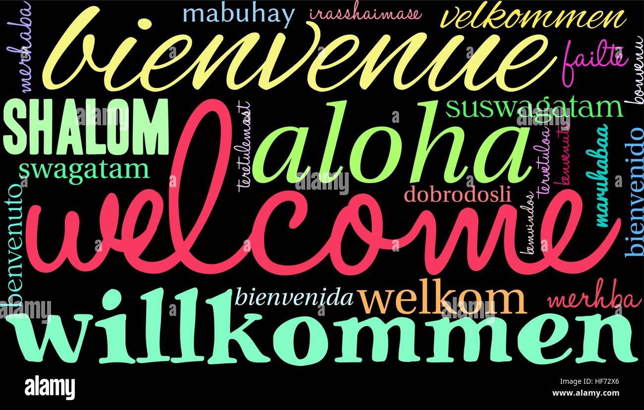 International Welcome Word Cloud on a black background Stock Vector ...