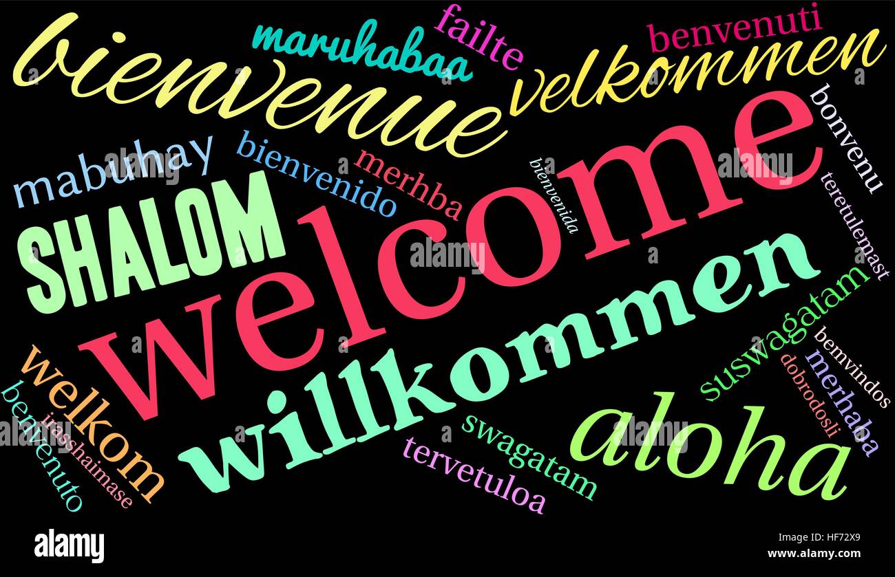 International Welcome Word Cloud on a black background Stock Vector ...