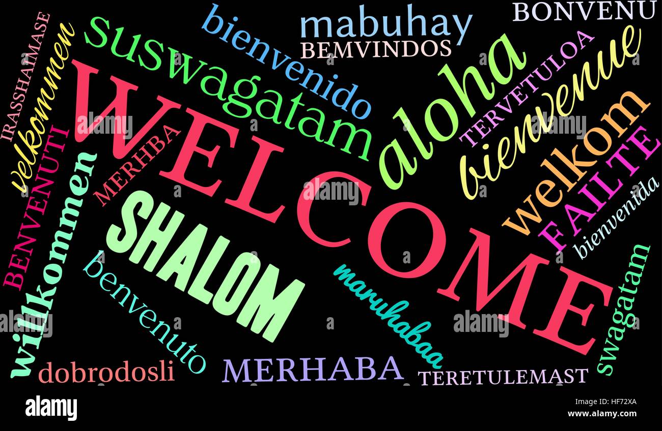 International Welcome Word Cloud on a black background Stock Vector ...