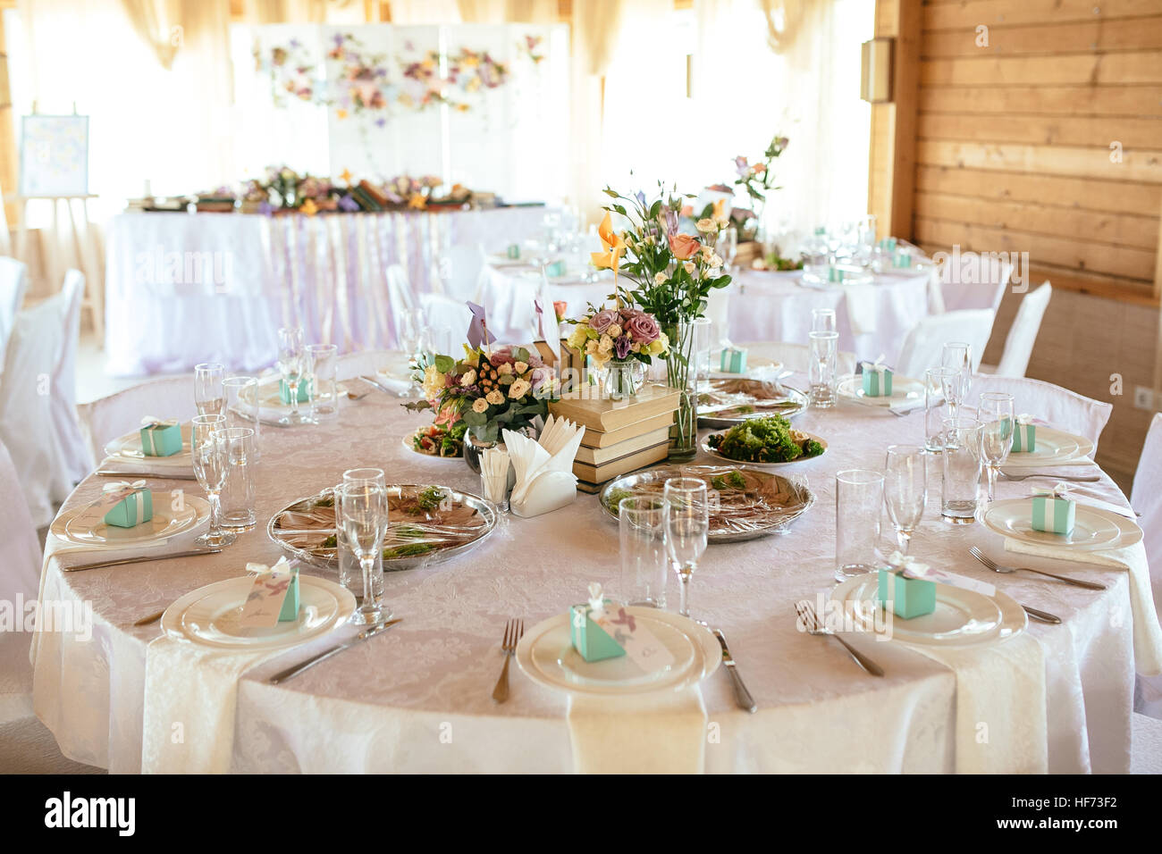 Wedding table appointments with beautiful decor and flowers Stock Photo ...