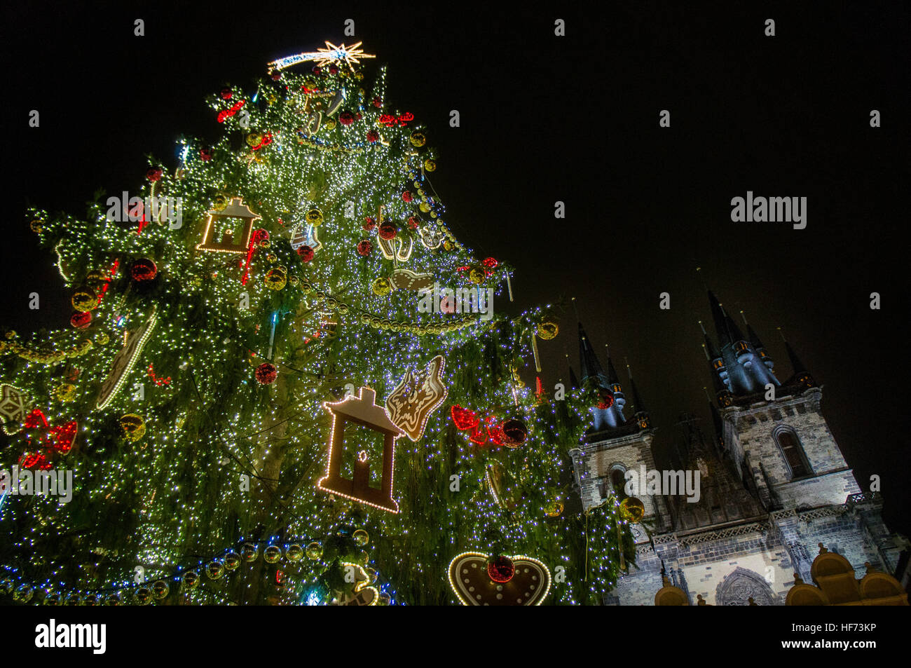 Christmas market and tree at Old Town Square in Prague,Church of Our ...