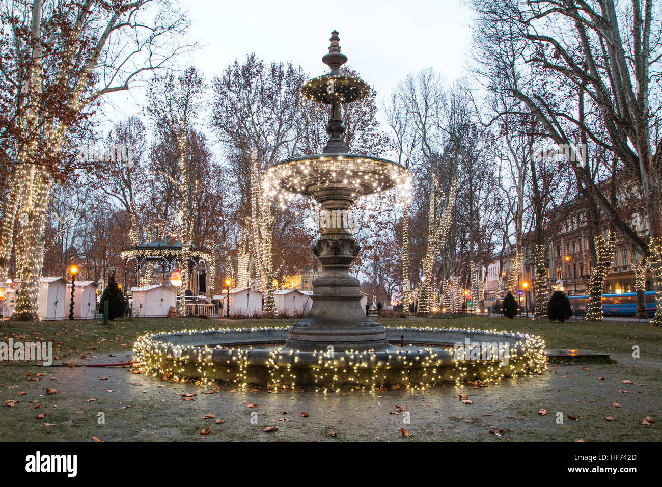 Illuminated fountain in Zrinjevac park, Zagreb, Croatia, Christmas ...