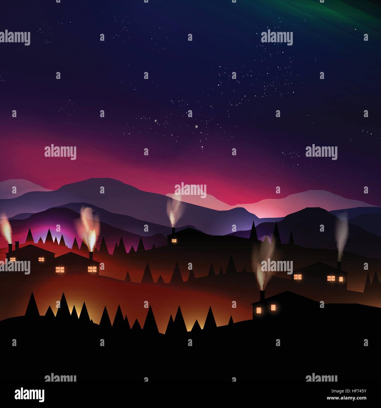 Starry Night Village in the Mountains and Pine Forest - Vector ...