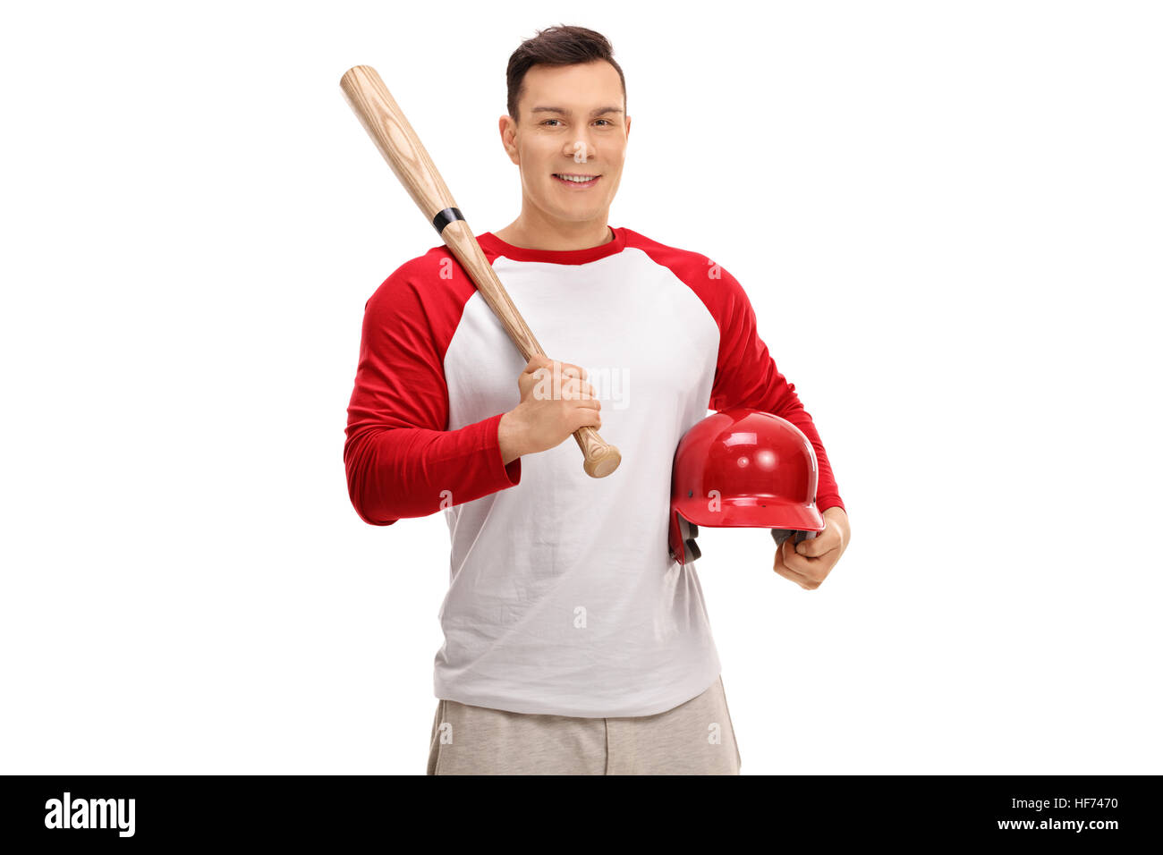 Happy baseball player holding a bat and a helmet isolated on white ...