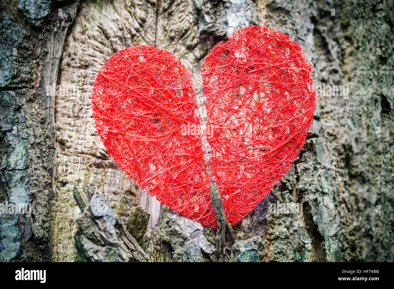 Broken red heart on the tree trunk Stock Photo - Alamy