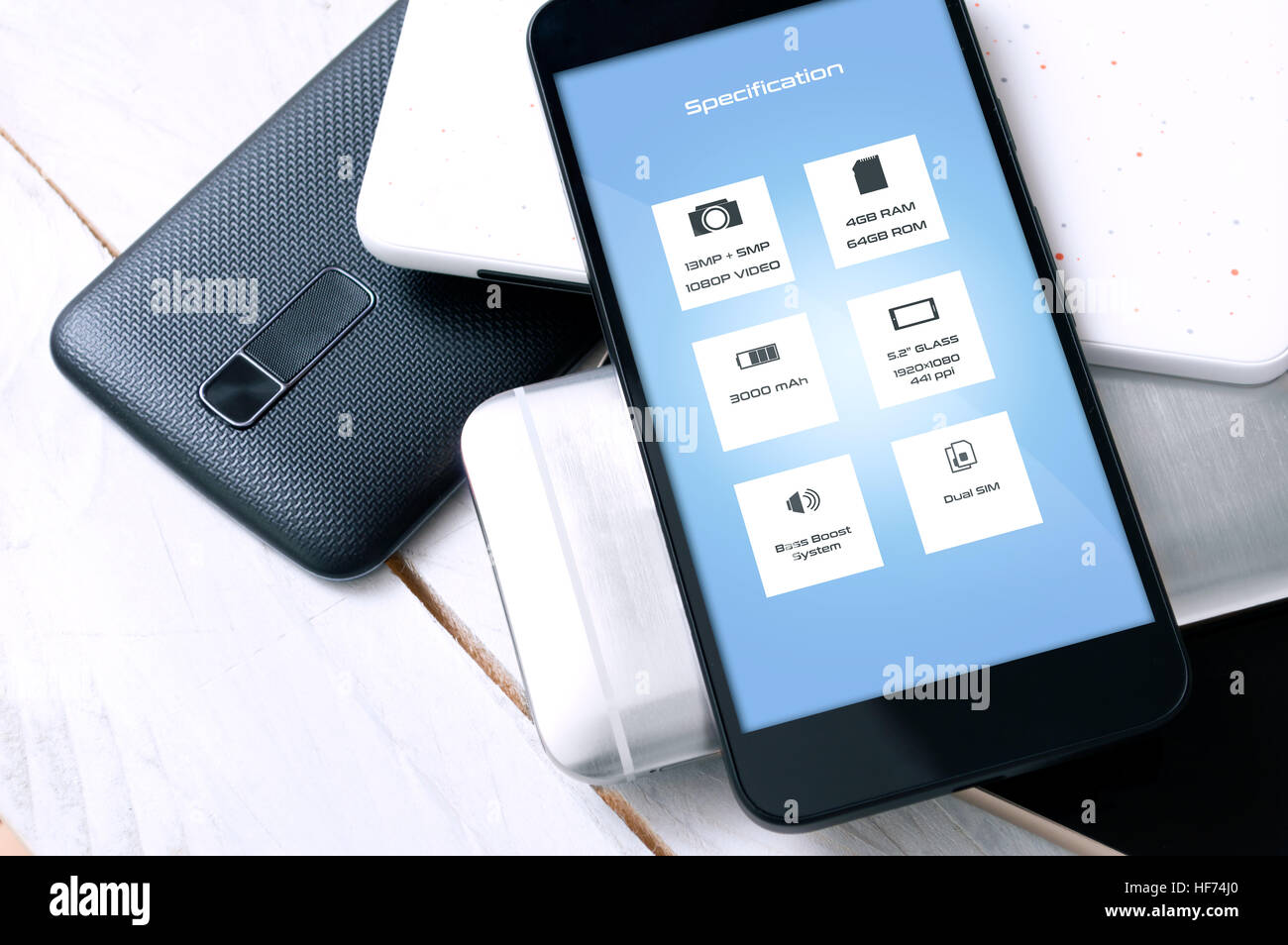 Smartphone with specification on screen laying on another unknown ...