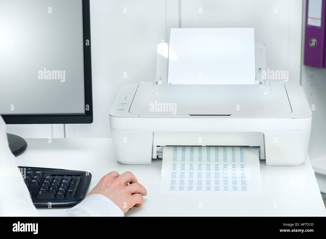Composition of white printer and black computer in modern office Stock ...