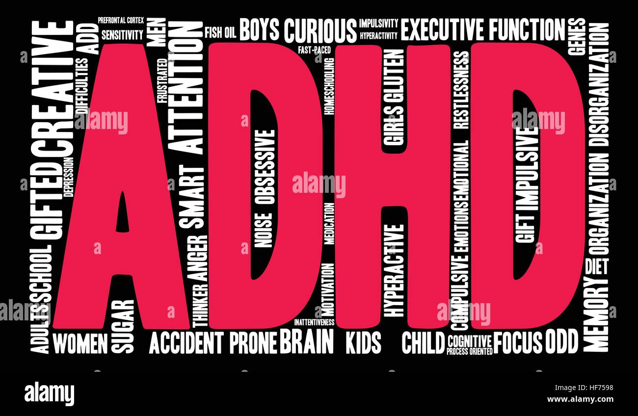 ADHD word cloud on a black background Stock Vector Image & Art - Alamy
