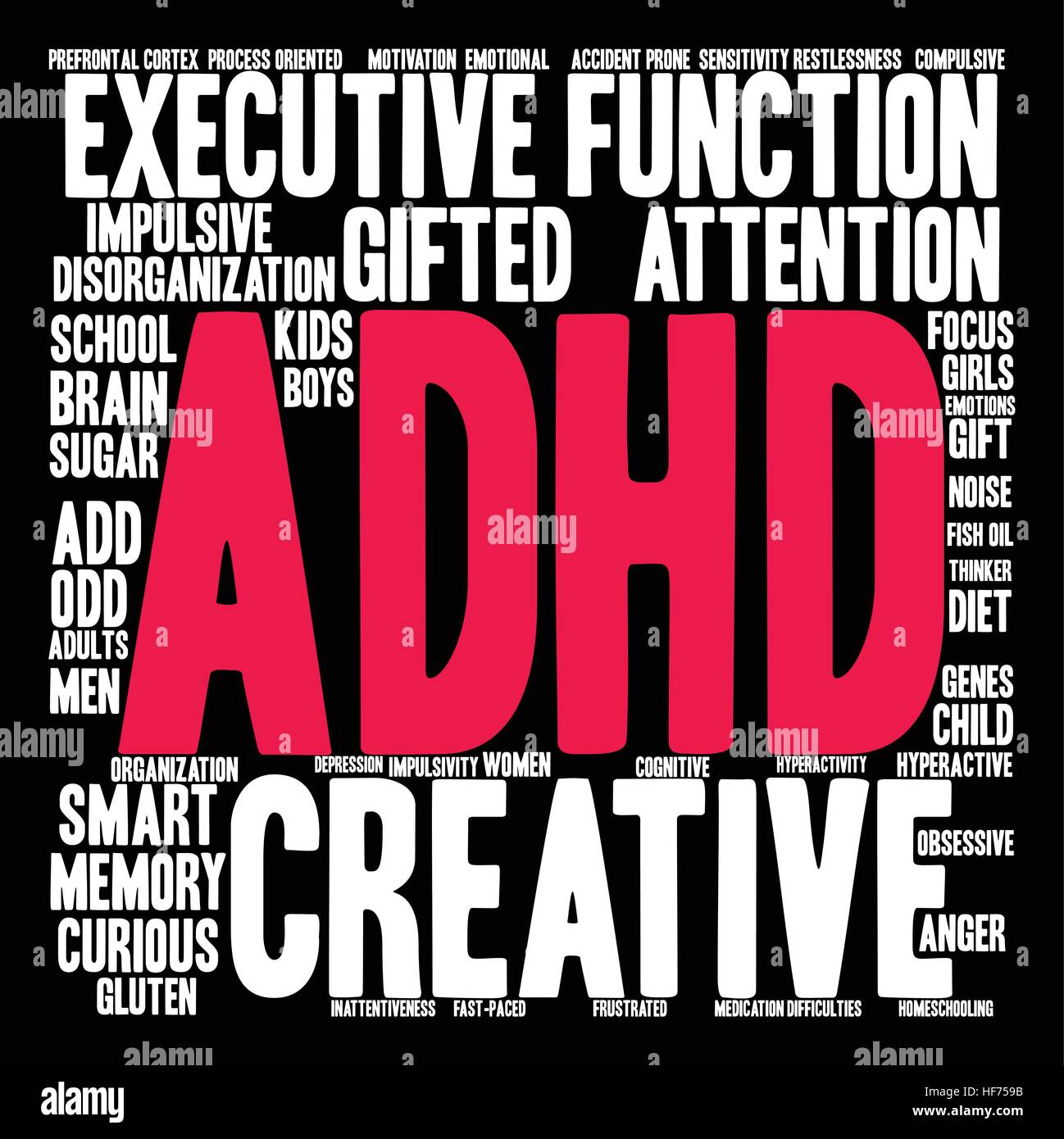 ADHD word cloud on a black background Stock Vector Image & Art - Alamy
