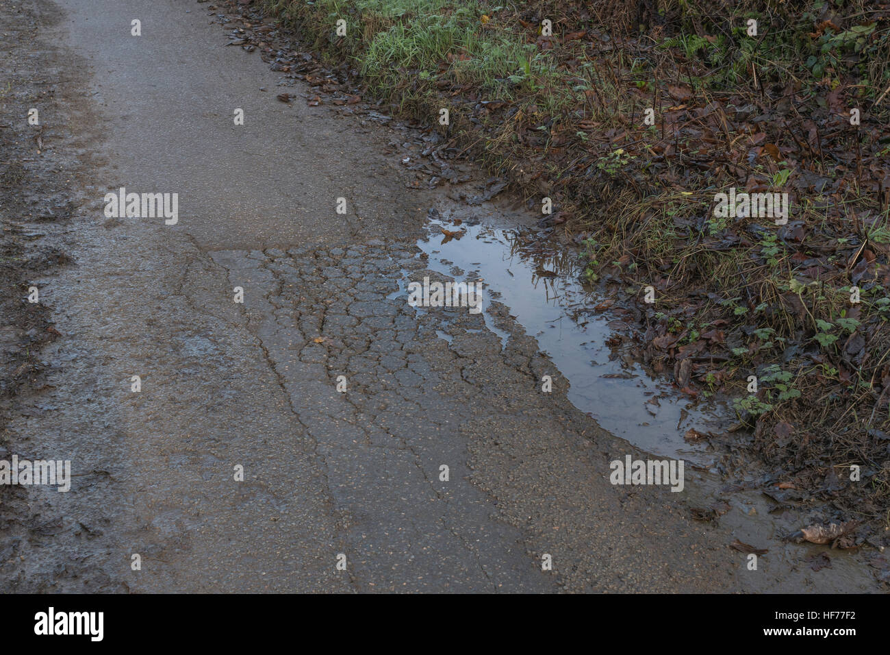Frost damaged / cracked tarmac surface with edge failure of a rural ...