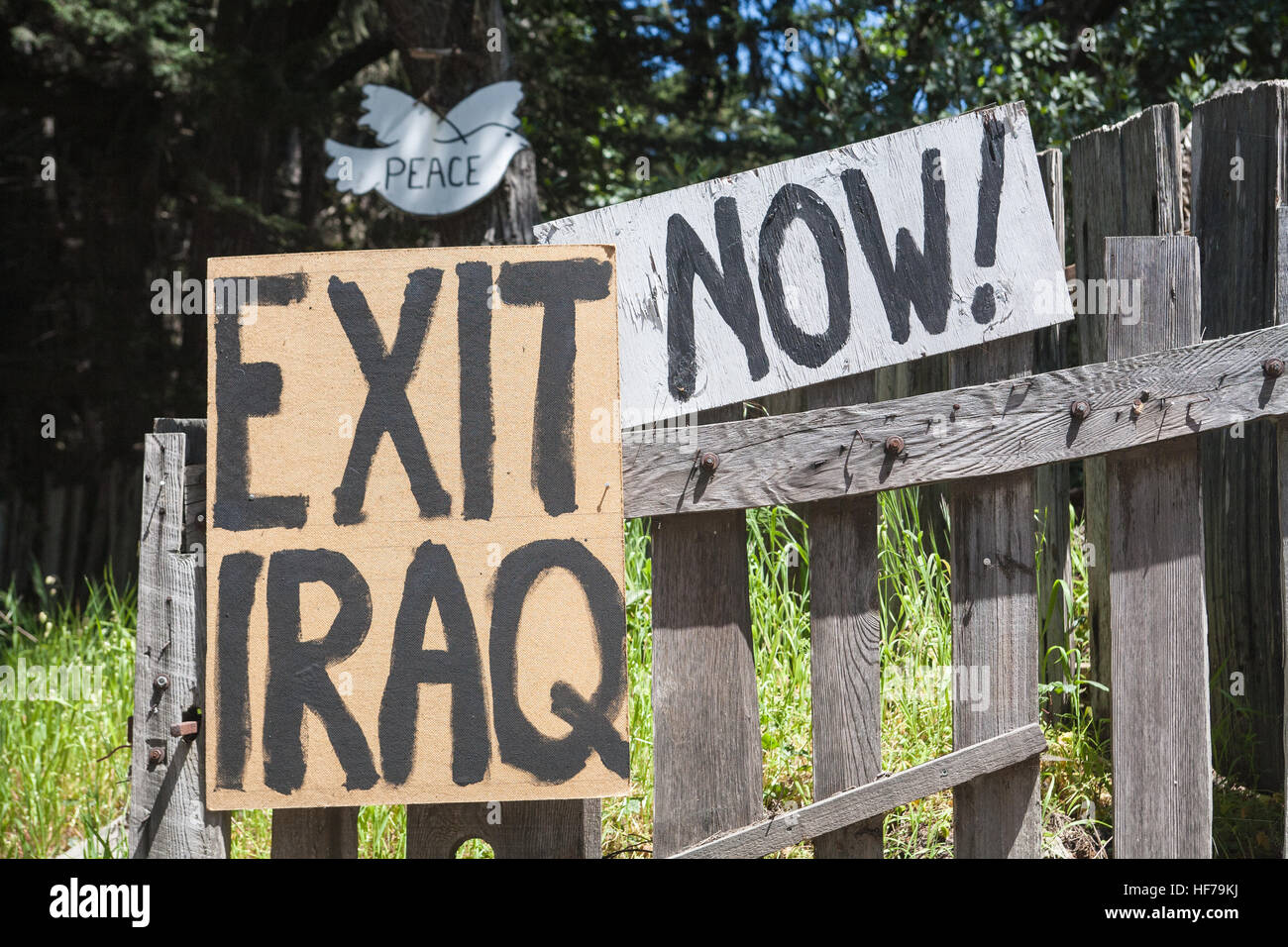 Exit Iraq sign.Bring troops home.Anti war message on gate of property ...