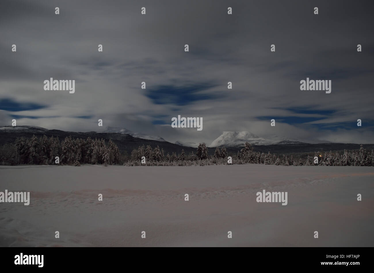 heavy snow covered field with forest and mountain background at night ...