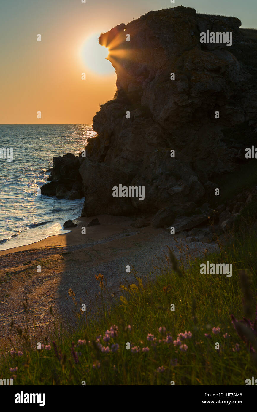Sun rises over the Sea of Azov on Generals beach. Karalar regional ...